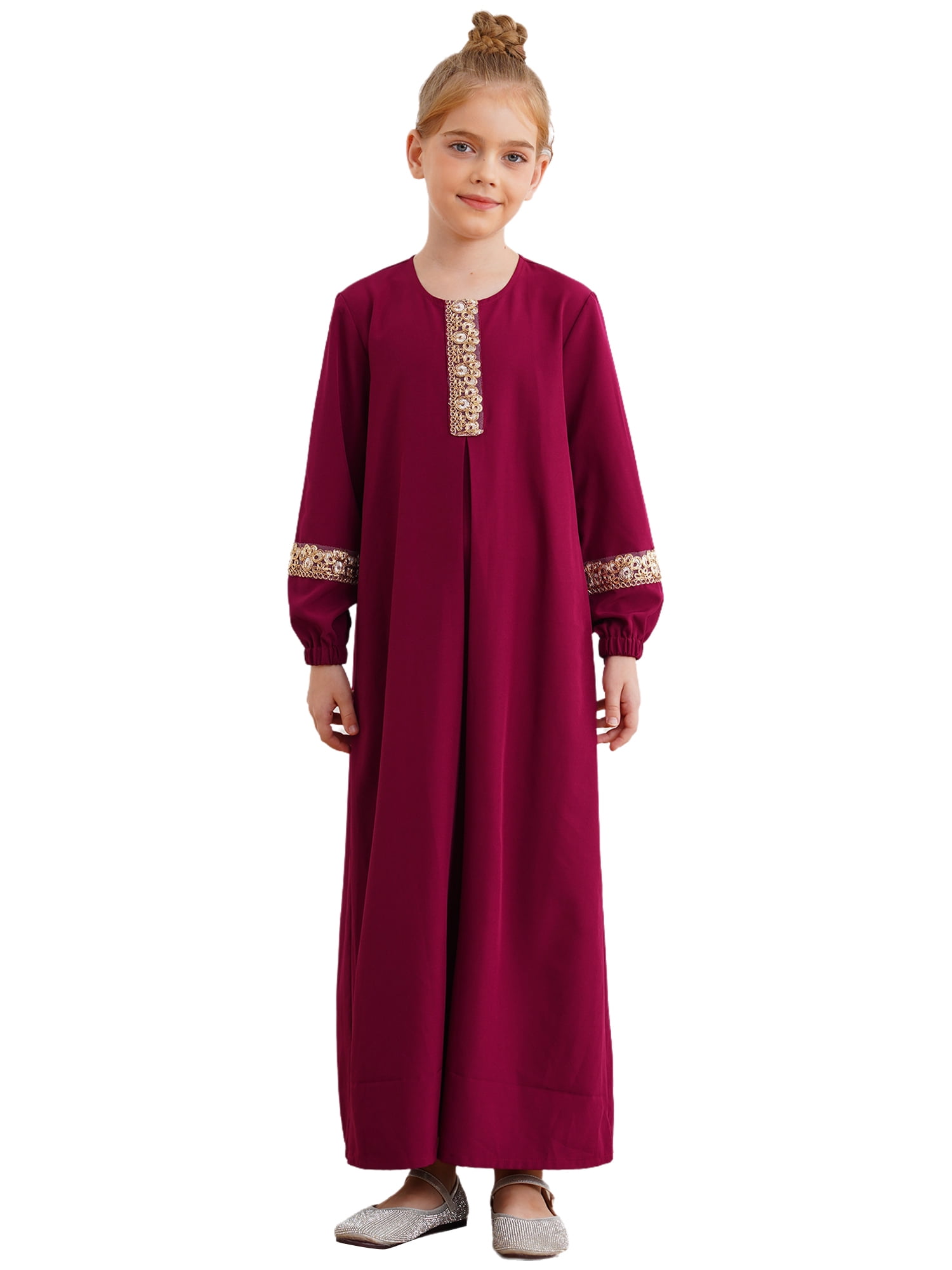 Xnihocha Girls Islamic Kaftan Long Sleeve Maxi Dress Muslim Prayer ...