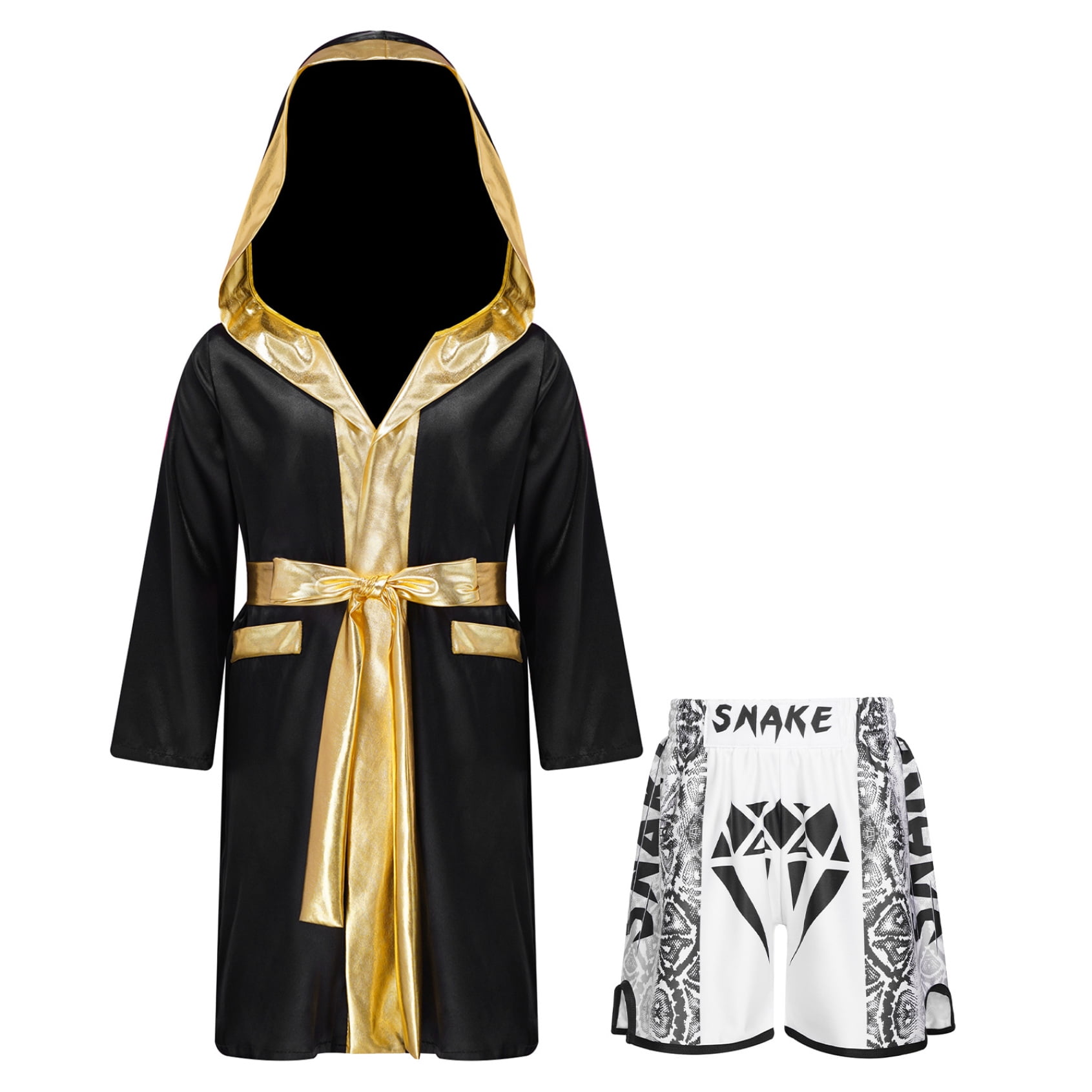 Xnihocha Kids Boys Boxing Outfit Metallic Satin Robe Long Sleeve Hooded ...