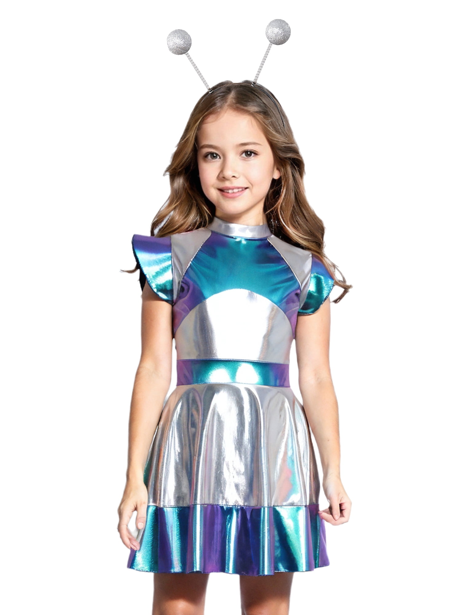 Xnihocha Kids Girls Alien Dress Holographic A Line Dress with Headband ...