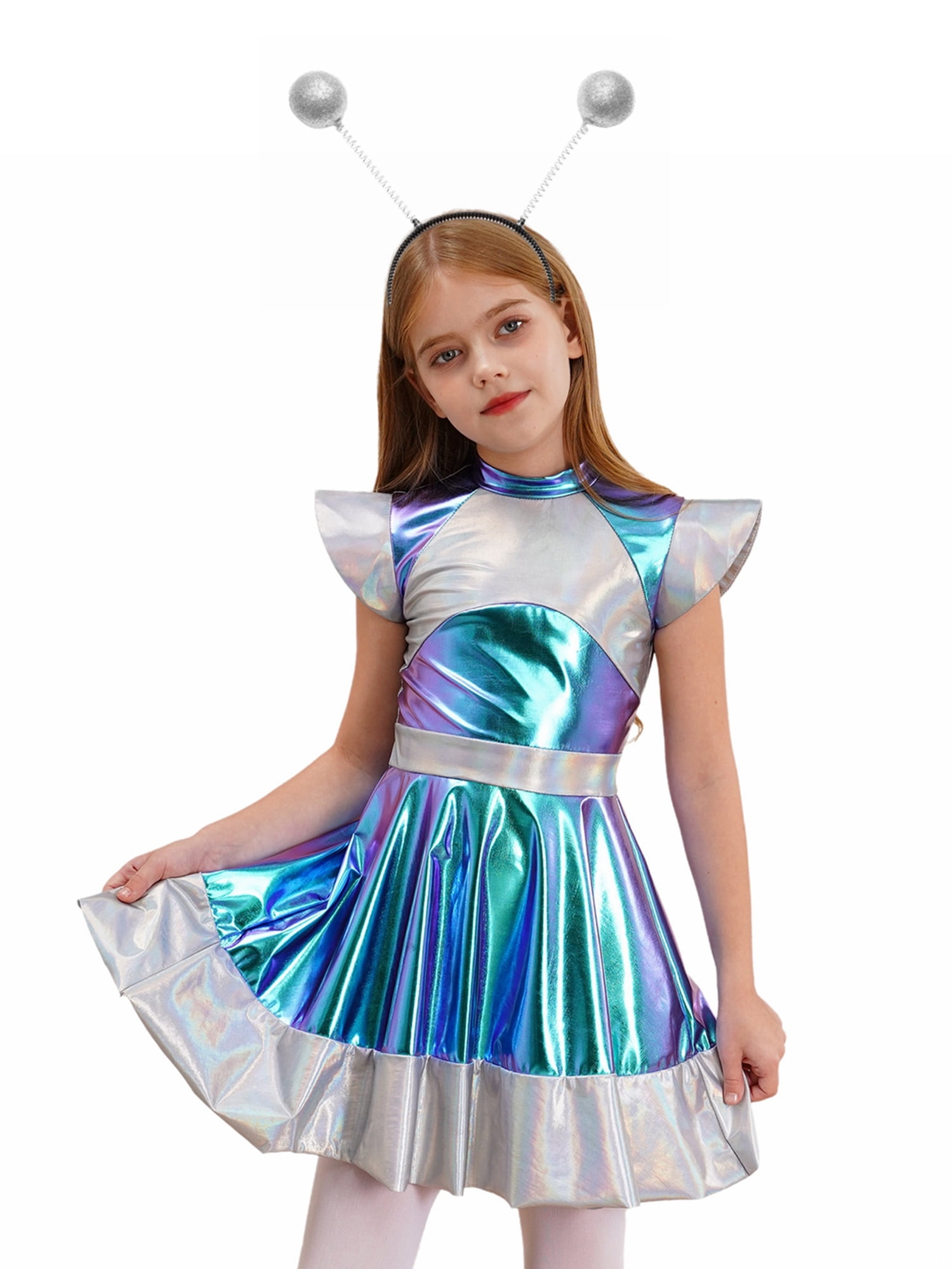 Xnihocha Kids Girls Alien Dress Holographic A Line Dress with Headband ...