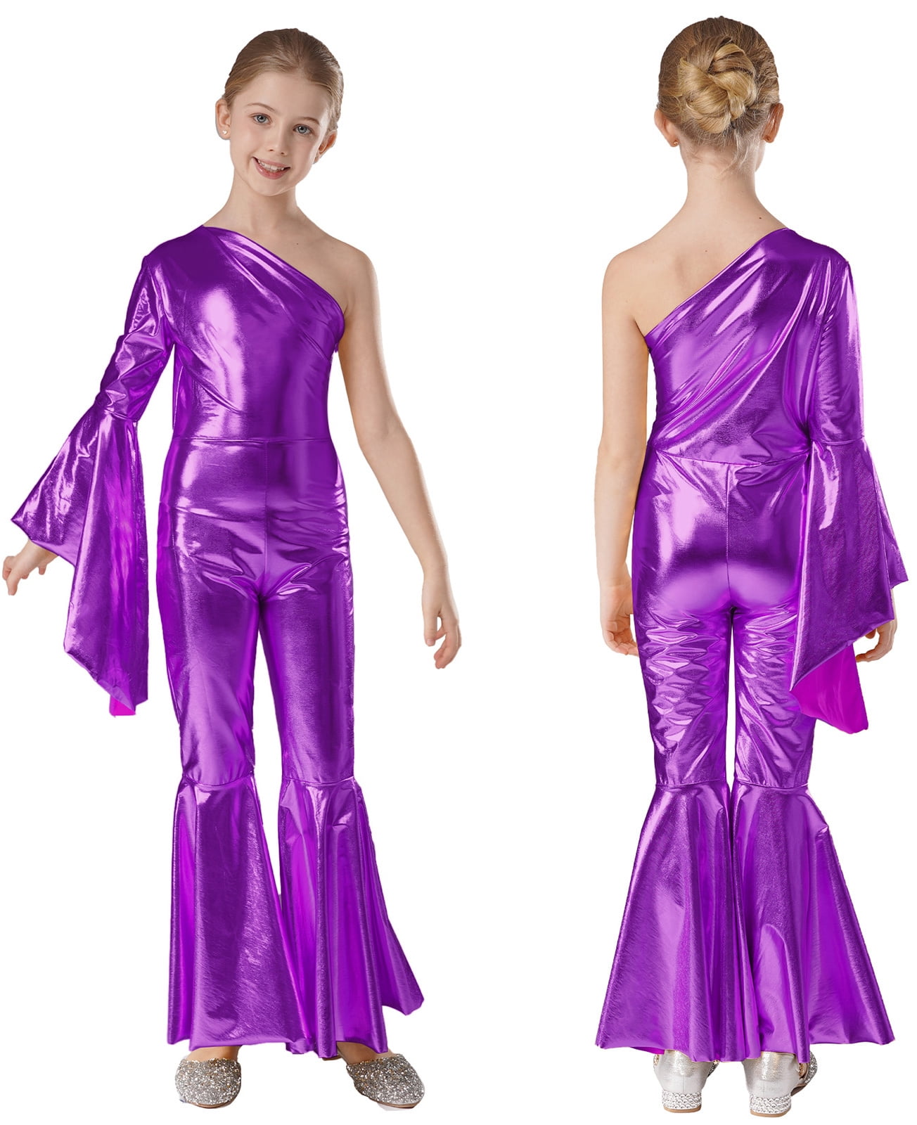 Xnihocha Kids Girls Disco Costume One Shoulder Bell-bottom Party Disco ...