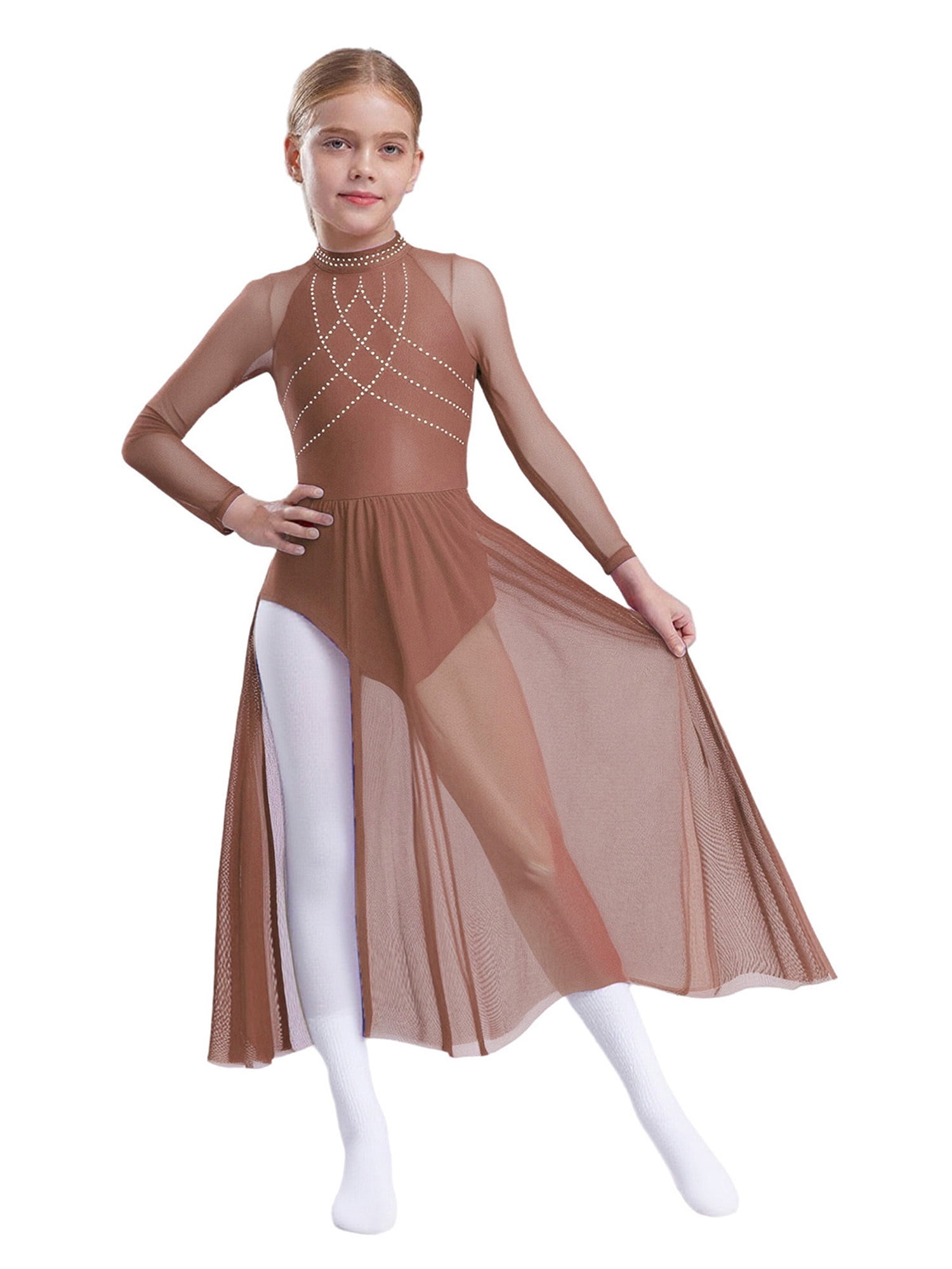 Xnihocha Kids Girls Mesh Long Sleeve Sparkly Rhinestone Ballet Leotard ...