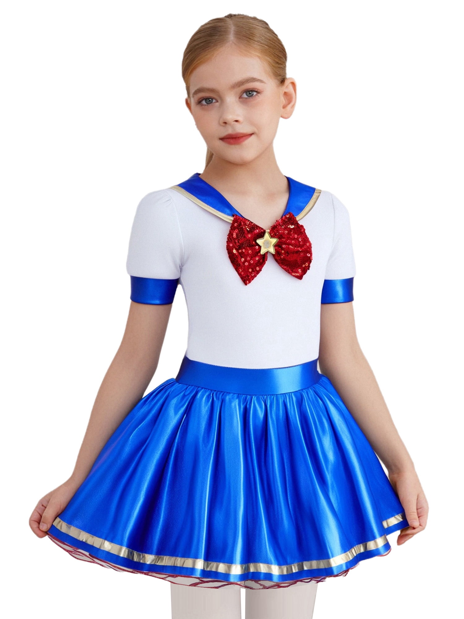 Xnihocha Kids Girls Sailor Uniform Dress Kawaii Shiny Metallic Short ...