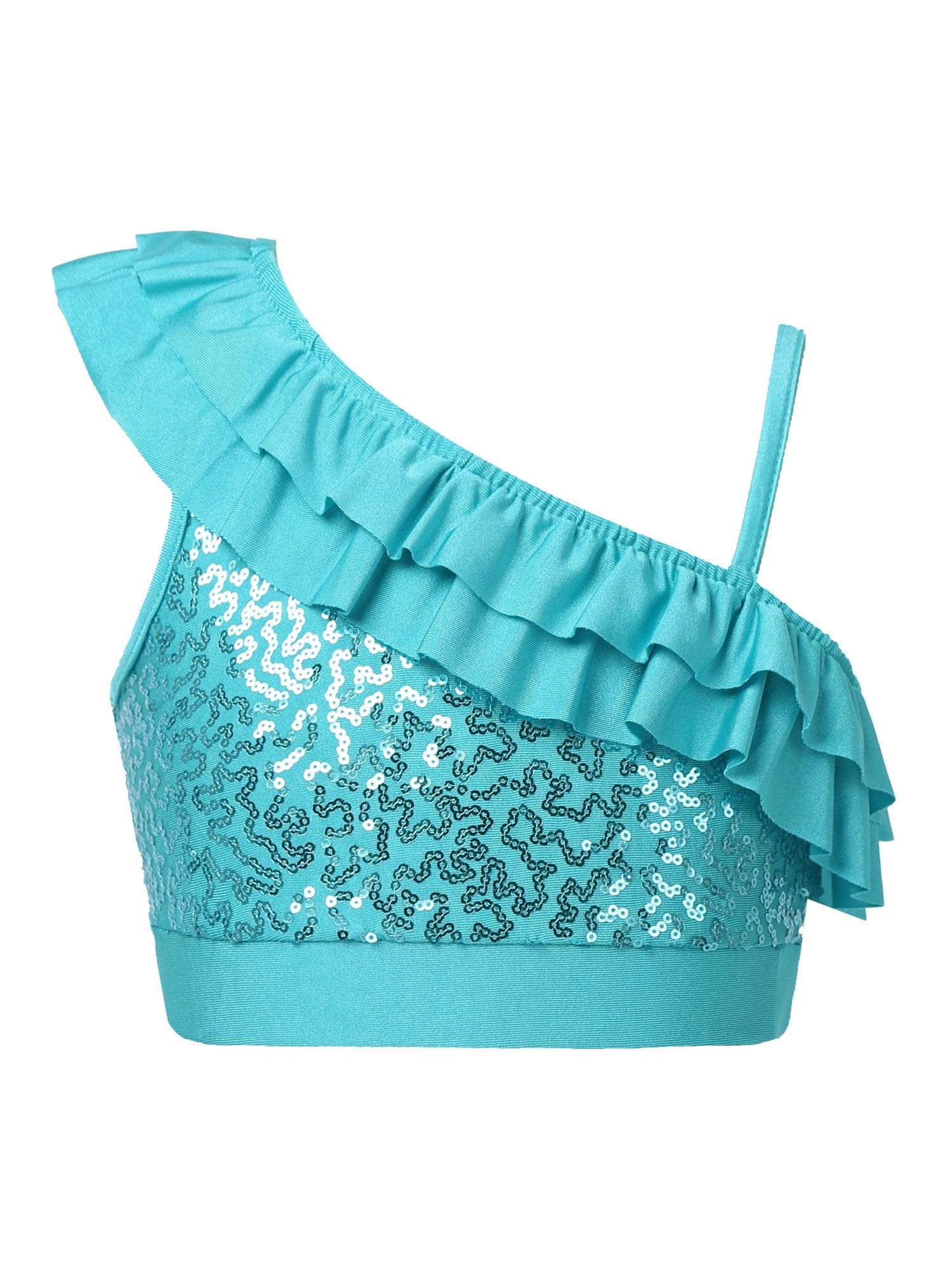 Xnihocha Kids Girls Sequins Ruffle One Shoulder Dance Crop Top Jazz ...