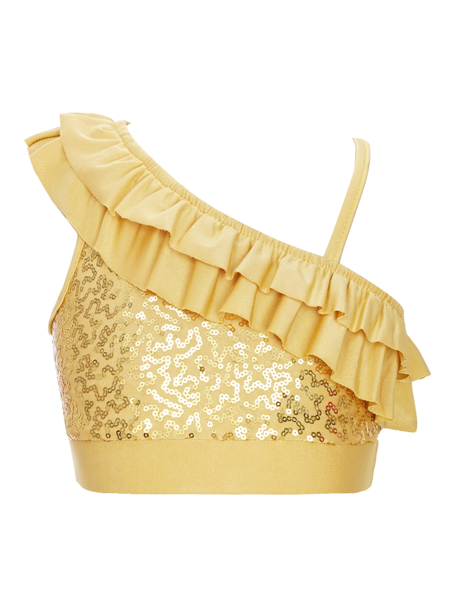 Xnihocha Kids Girls Sequins Ruffle One Shoulder Dance Crop Top Jazz ...