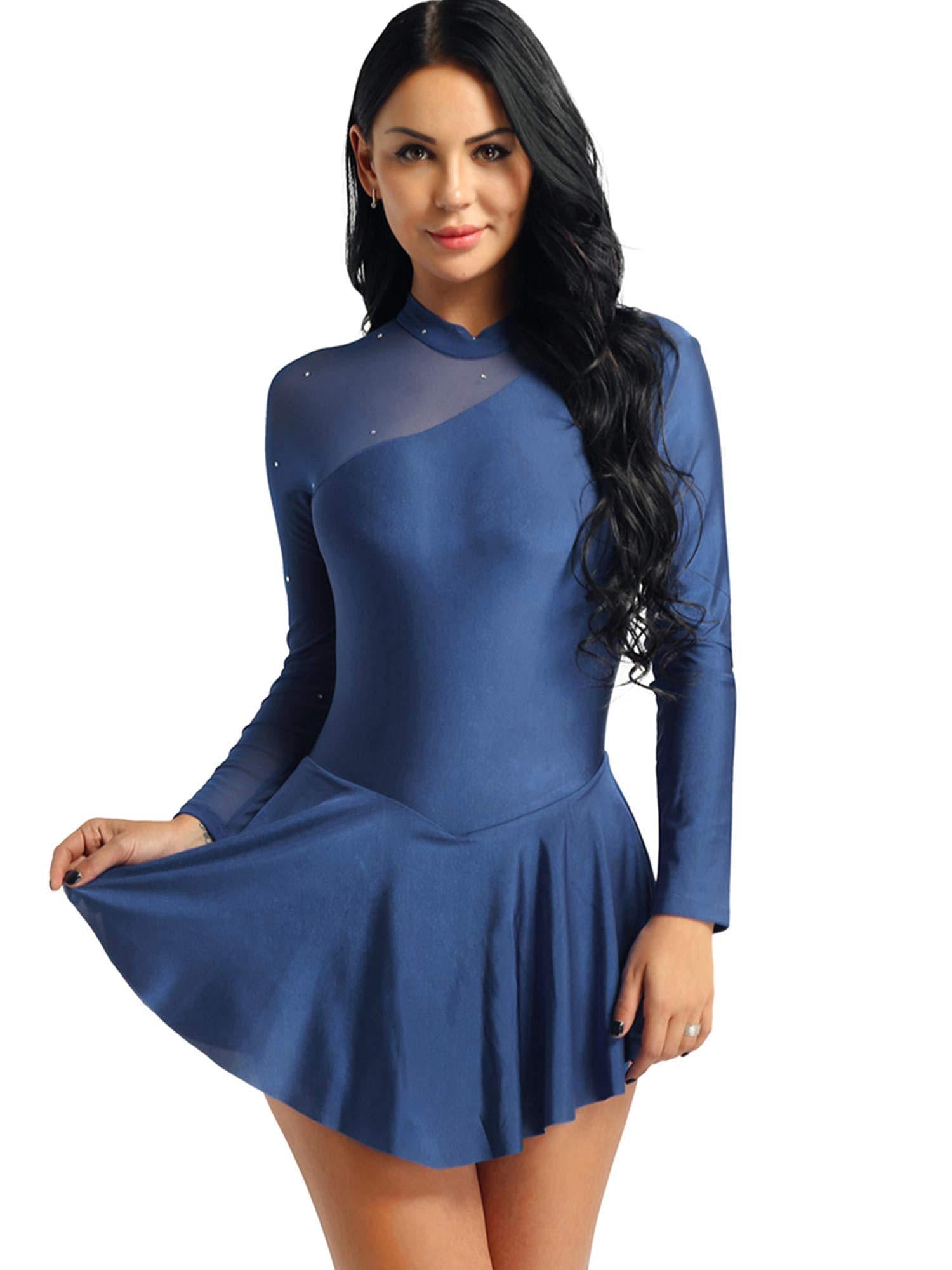 Xnihocha Women Figure Ice Skating Dress Long Sleeve Shiny Rhinestone ...