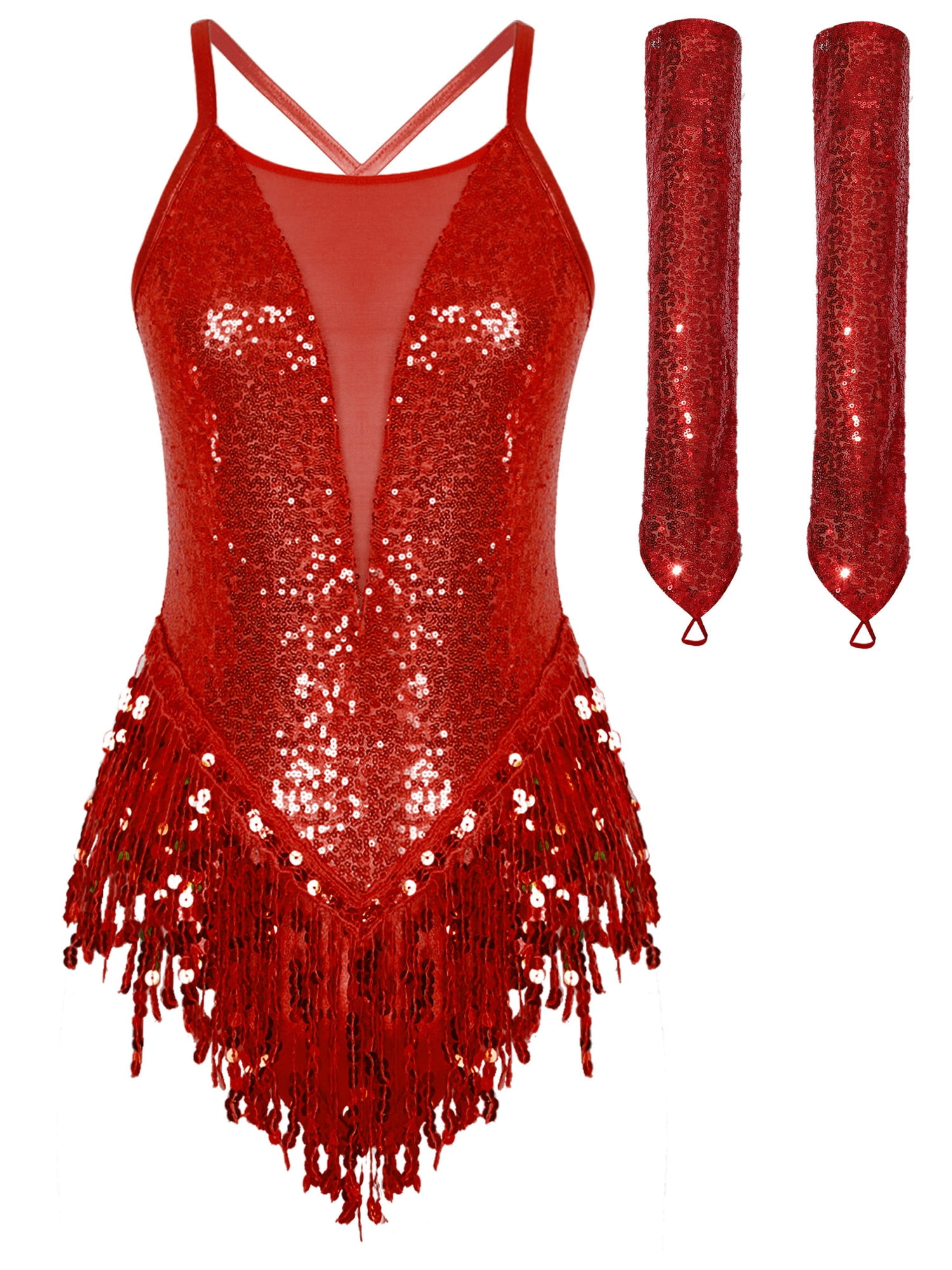 Xnihocha Women Sleeveless Fringe Latin Dance Leotard with Sequin Long Gloves Cha Cha Salsa ...