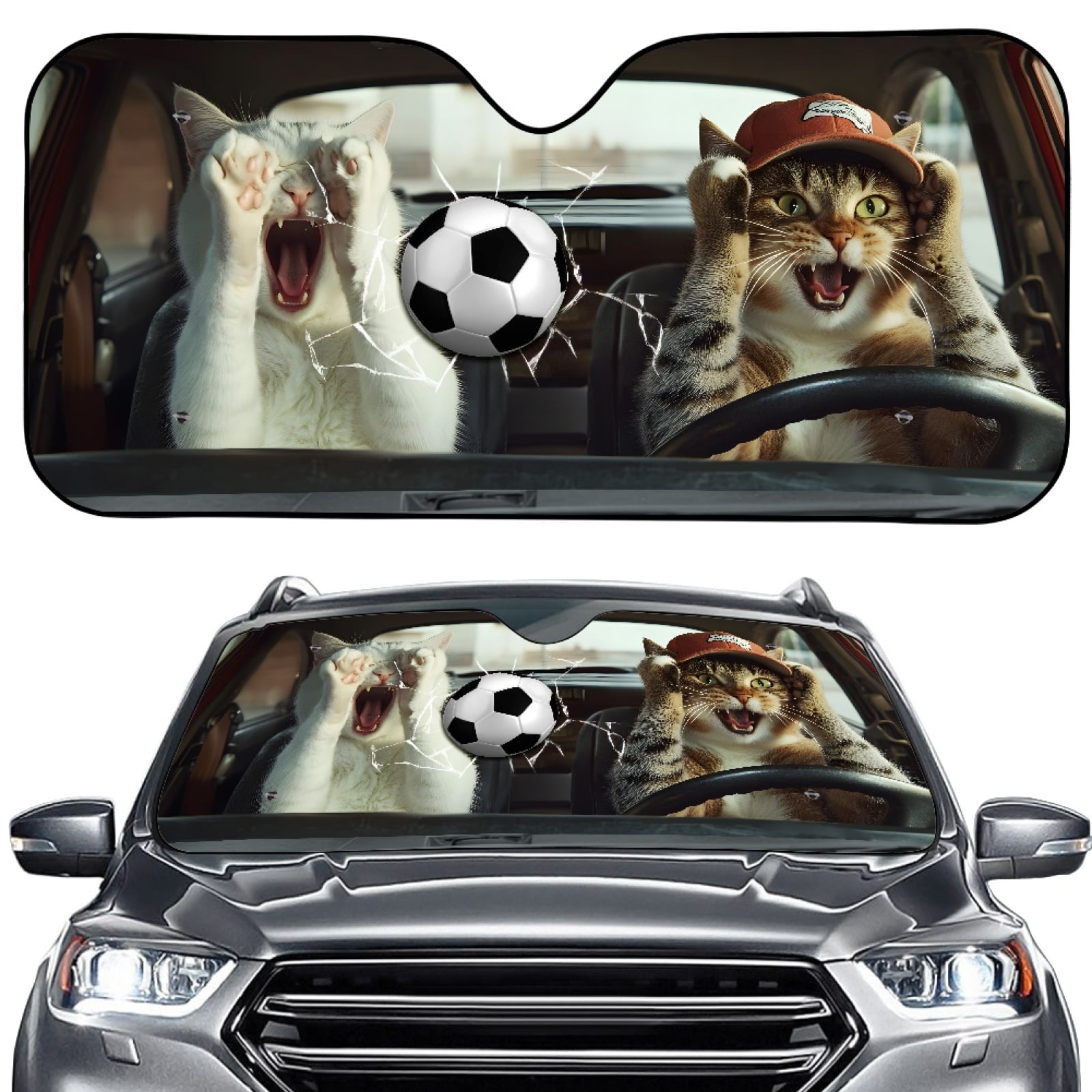 Xoenoiee 3D Soccer Cat Print Car Windshield Sun Shade Foldable Auto ...
