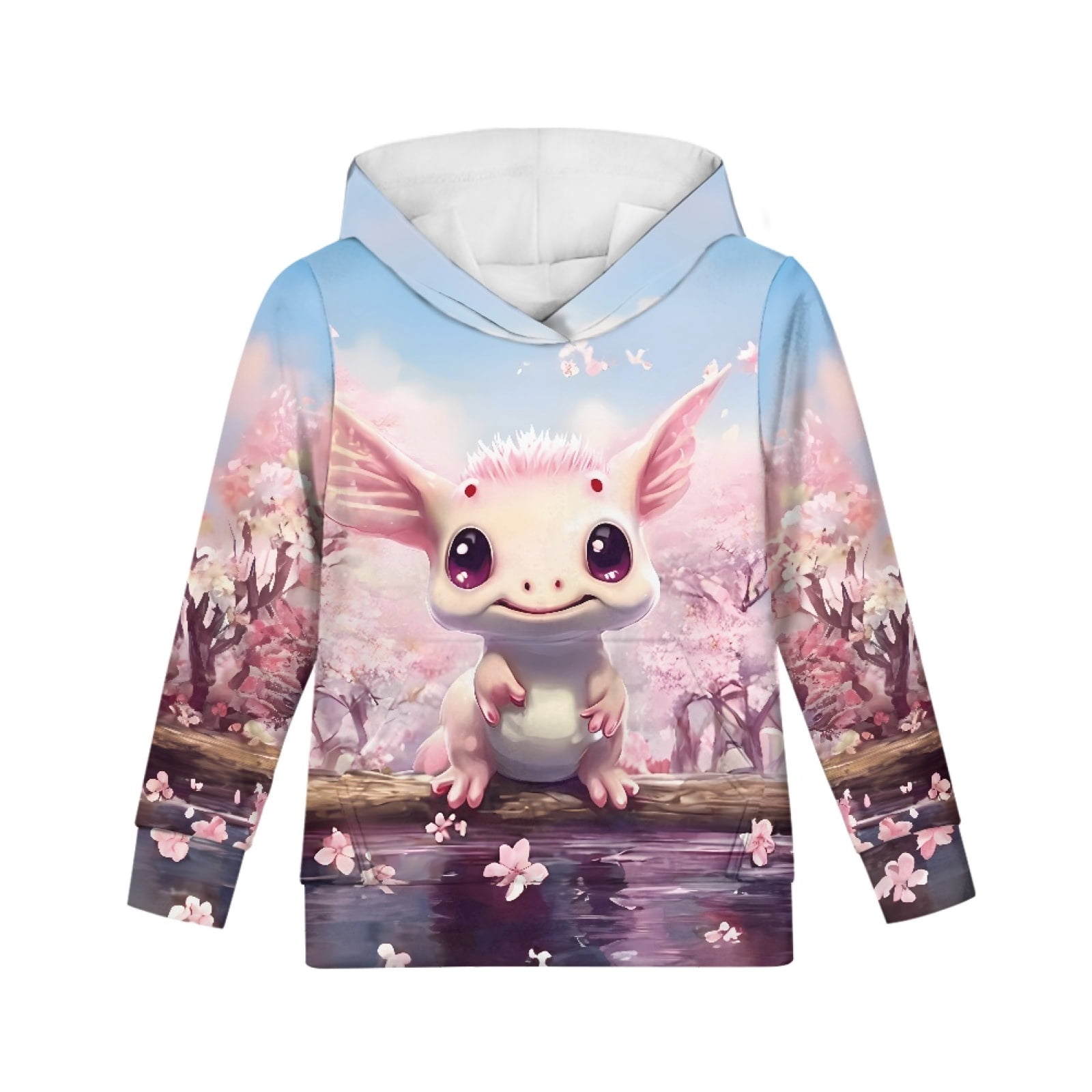 Xoenoiee Axolotl Cherry Blossom Pattern Girls Hoodies Pullover Hoodies ...