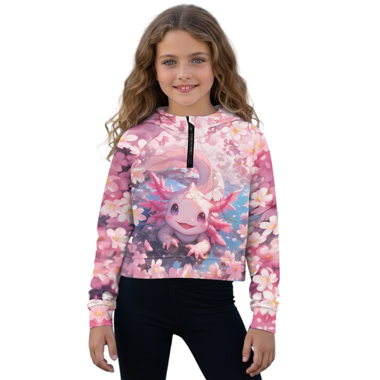 Xoenoiee Axolotl Cherry Blossom Print Girls Quarter Zip Hoodie Pullover ...