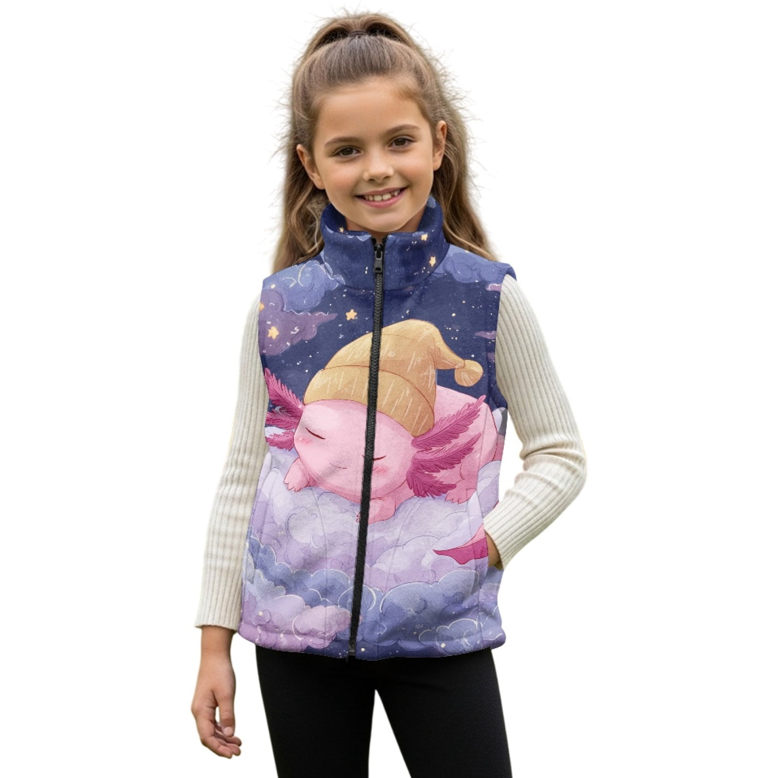 Xoenoiee Axolotl Cloud Star Print Girls Fleece Vest Lightweight ...