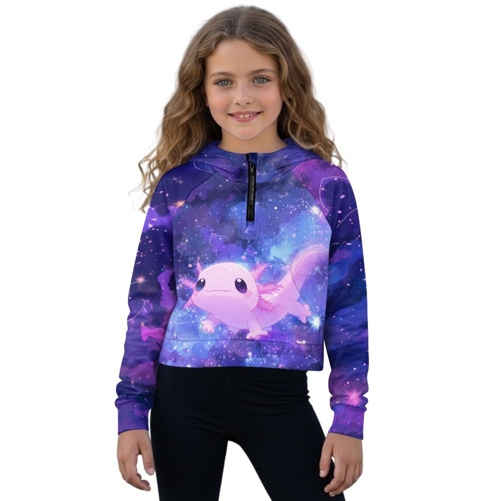 Xoenoiee Axolotl Galaxy Print Half Zip Hoodie Fleece Cropped Sweatshirt ...