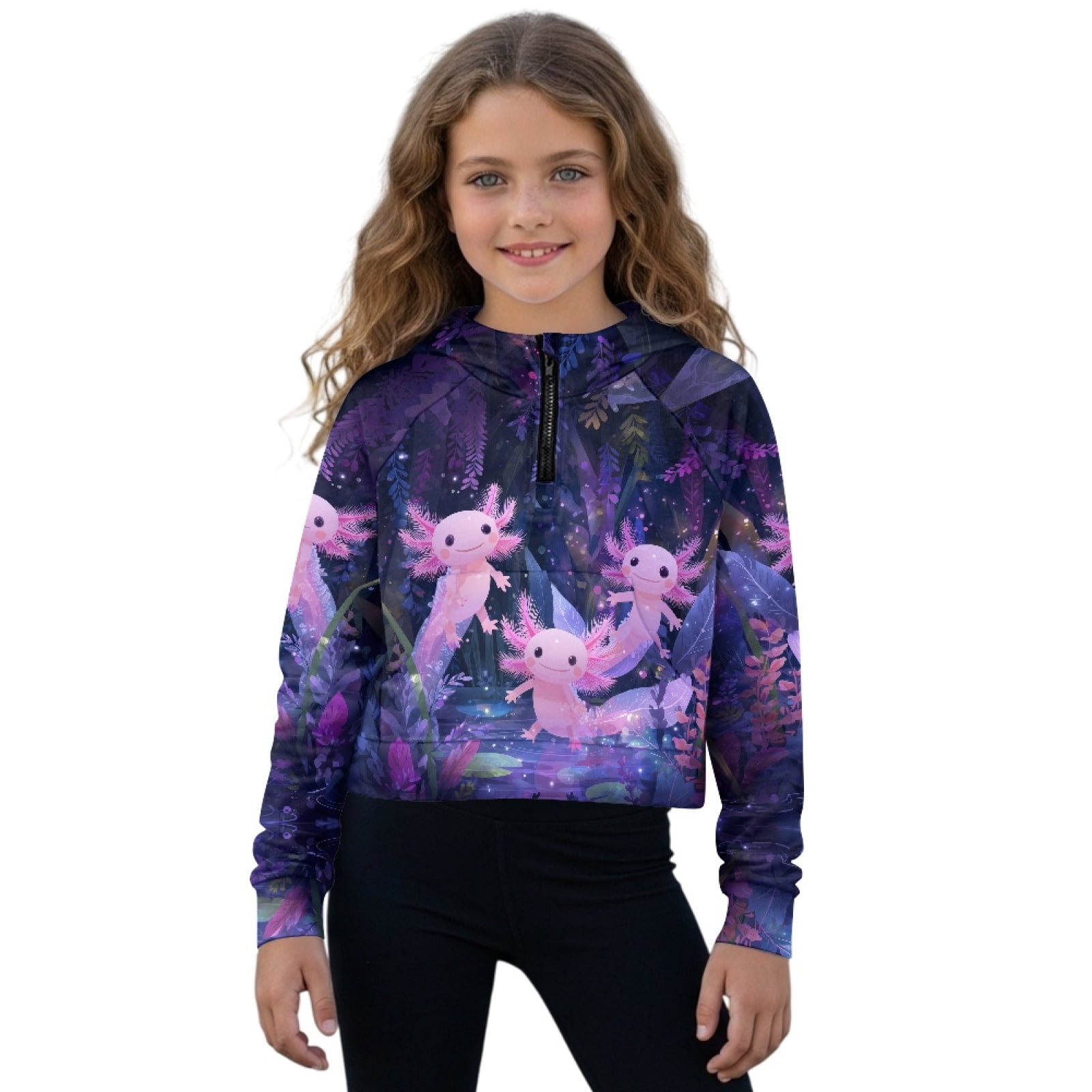 Xoenoiee Axolotl Leaves Print Long Sleeve Hoodies for Girls Kids Fleece ...