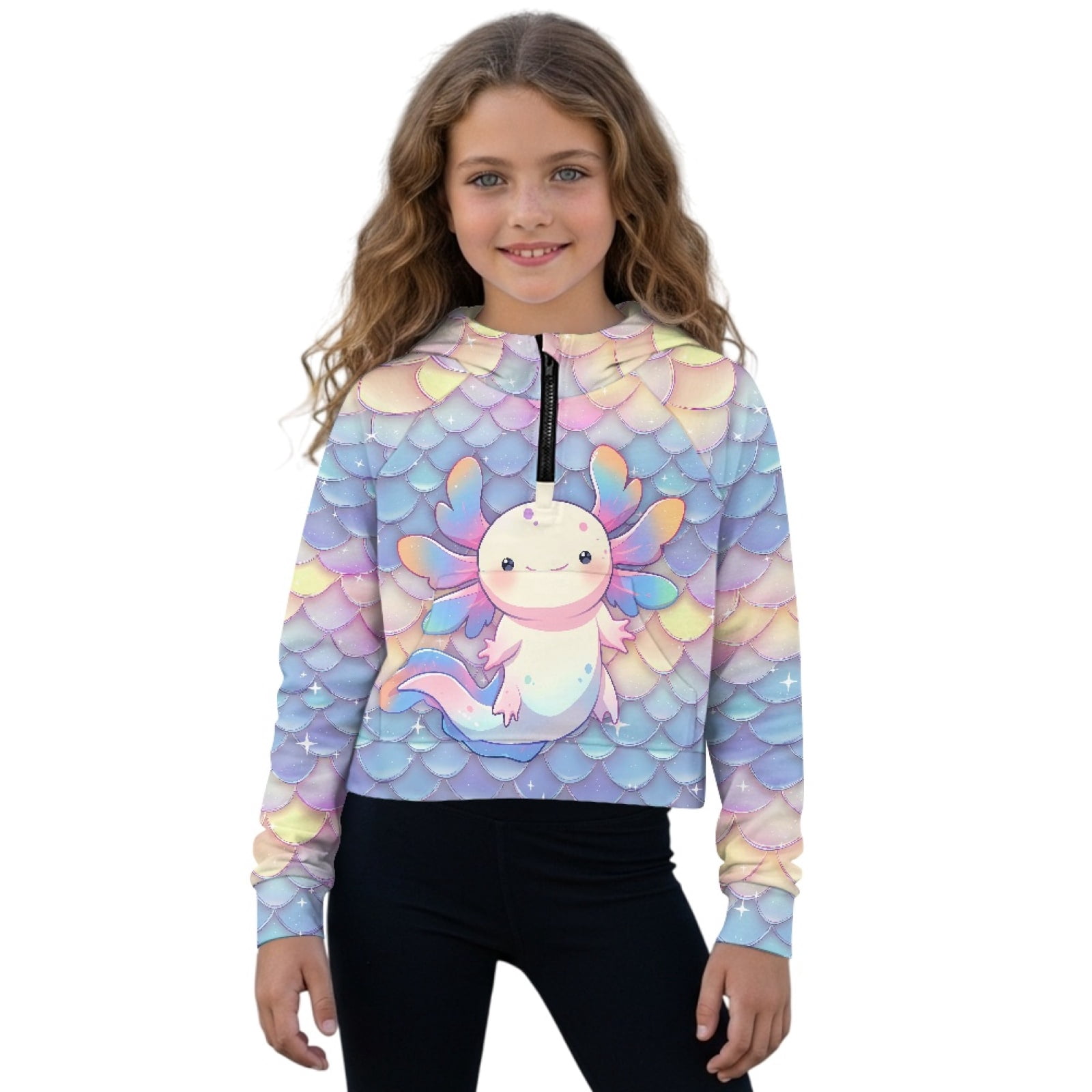 Xoenoiee Axolotl Mermaid Scales Print Girls Half Zip Up Sweatshirt Long ...