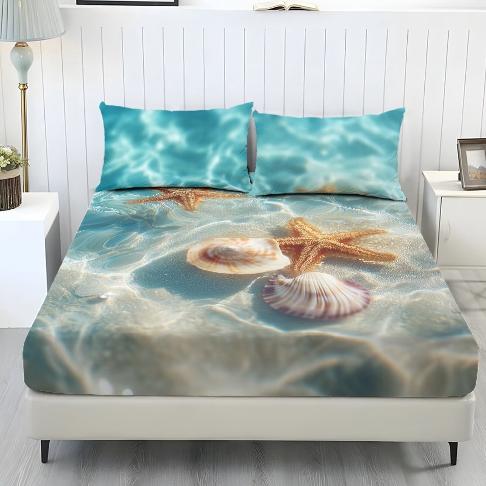 Xoenoiee Beach Starfish Seashell Print Fitted Sheet and Pillowcases Set ...