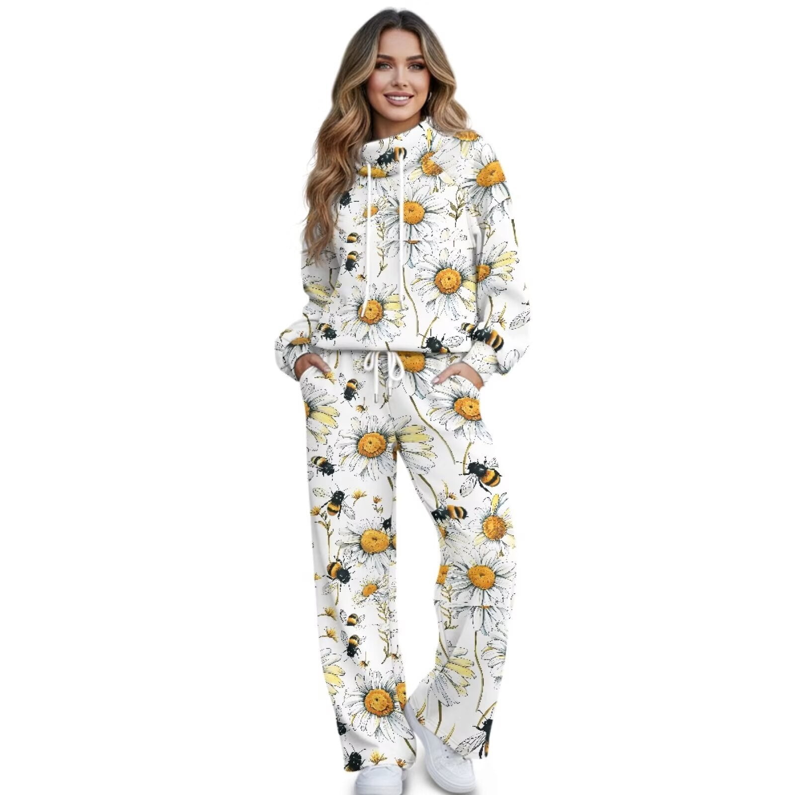 Xoenoiee Bee Daisy Print 2 Piece Sets for Women Sweatsuit Loose Fit ...
