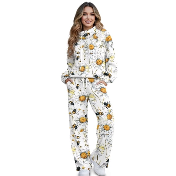 Xoenoiee Bee Daisy Print 2 Piece Sets for Women Sweatsuit Loose Fit ...