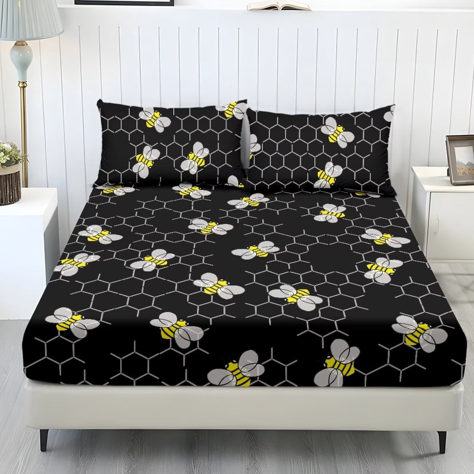 Xoenoiee Bee Honeycomb Print Fitted Sheet Set 3 Piece Soft Comfort Bed ...
