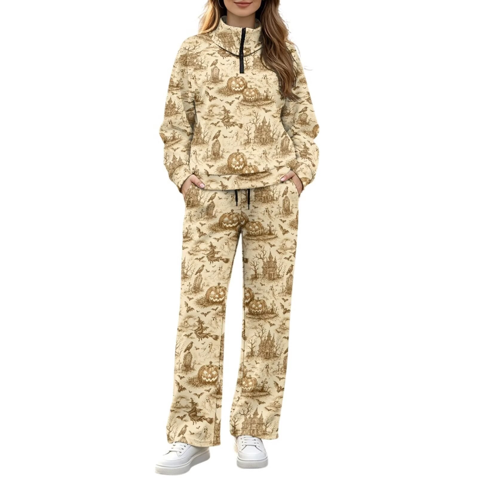 Xoenoiee Beige Pumpkin Ghost Witch Bat Crow Castle Print Two Piece Sets ...