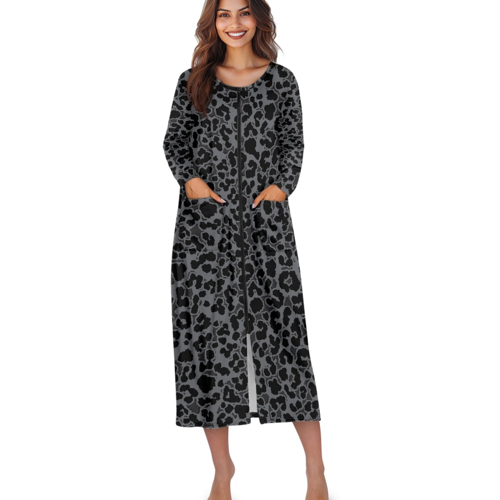 Xoenoiee Black Leopard Print Zipper Front Robes for Women House Coat ...