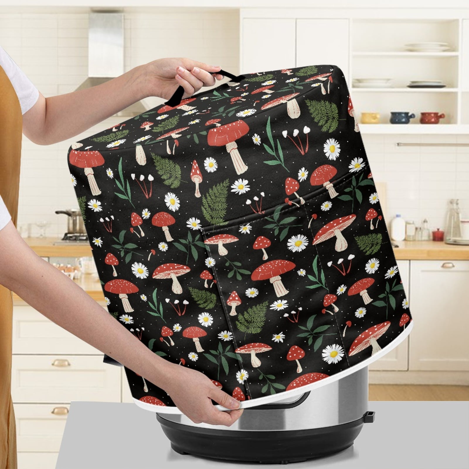 Xoenoiee Black Mushroom Leaves Daisy Floral Print Pressure Cooker Cover ...
