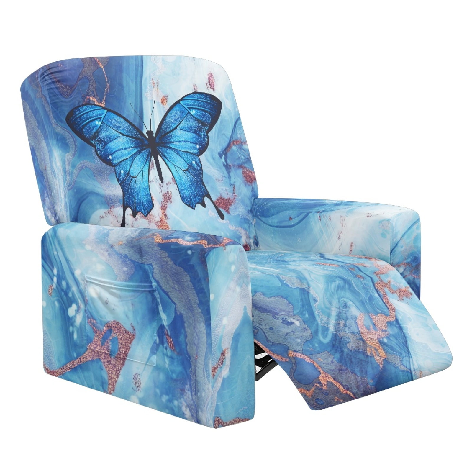 Xoenoiee Blue Butterfly Marble Print Recliner Chair Cover High Stretch ...