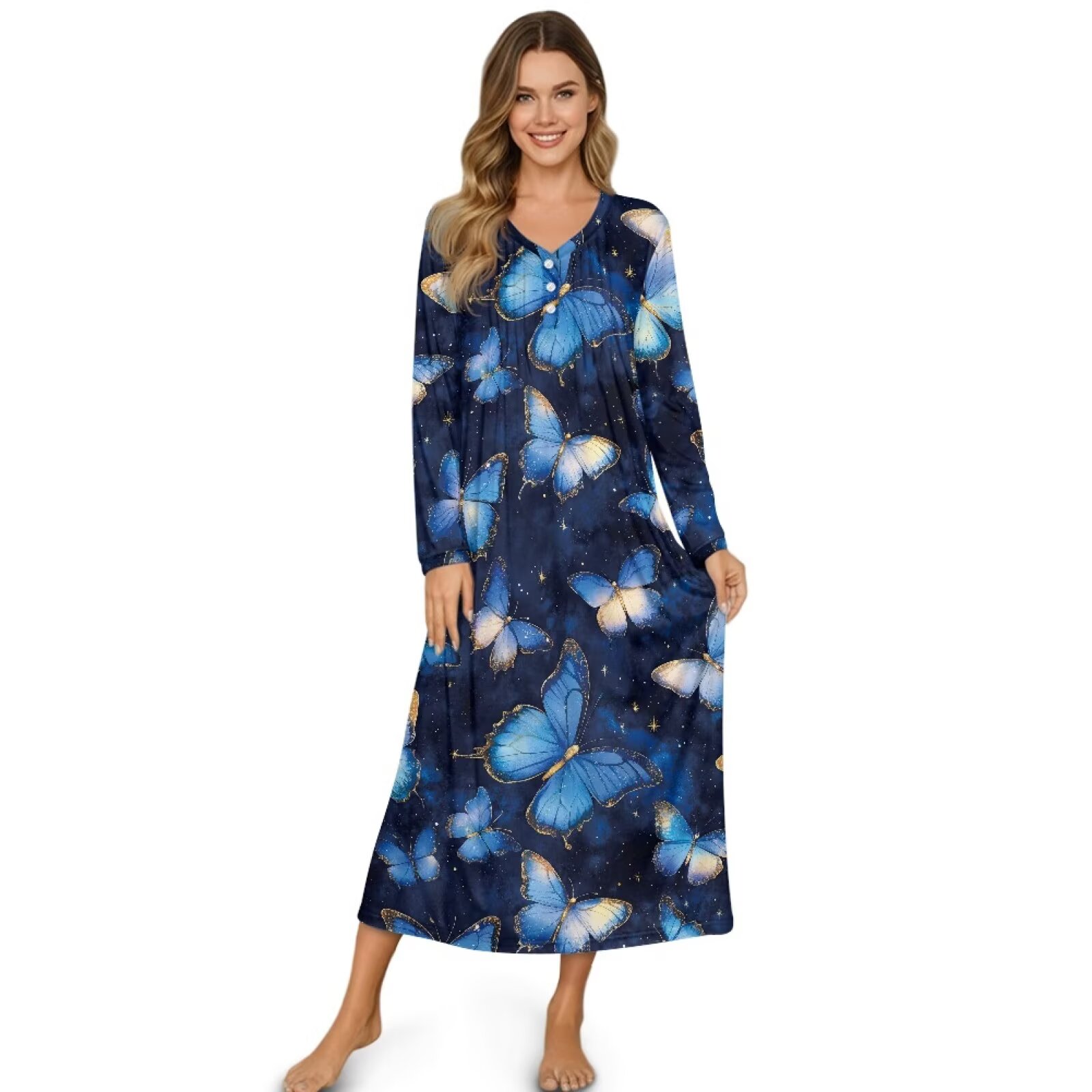 Xoenoiee Blue Butterfly Print Nightgown Womens Loose Fit Sleepwear Long ...
