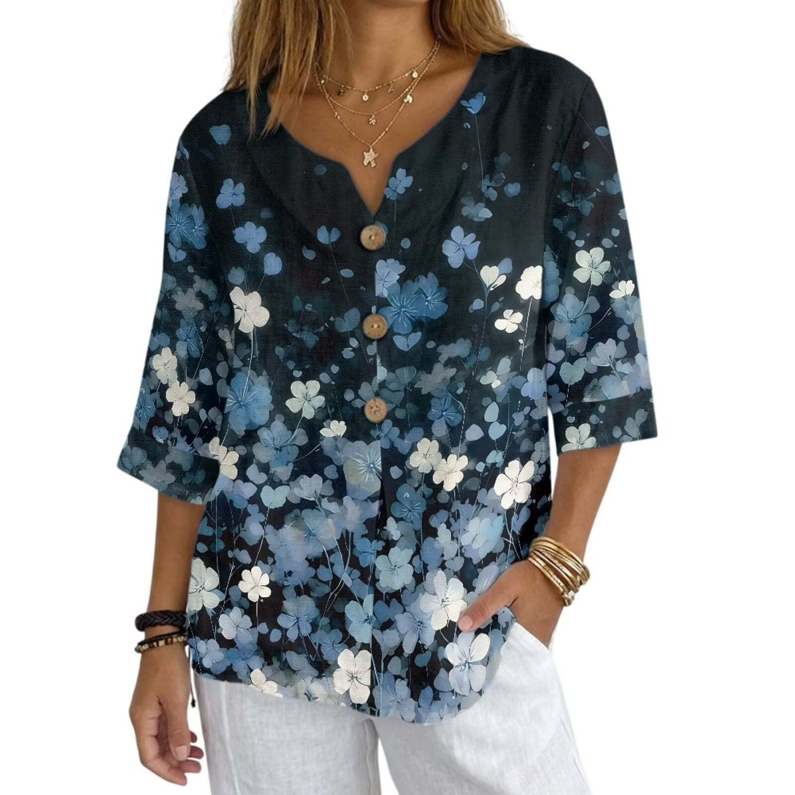 Xoenoiee Blue Cherry Blossom Print Linen Shirts for Women Summer 3/4 ...
