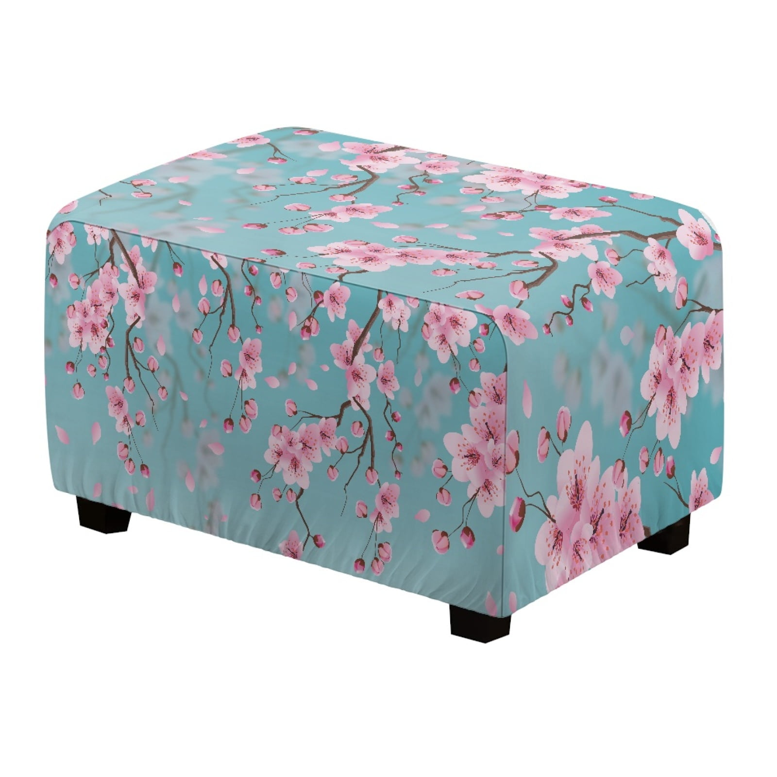Xoenoiee Blue Cherry Blossom Print Ottoman Cover Soft Rectangle Ottoman ...