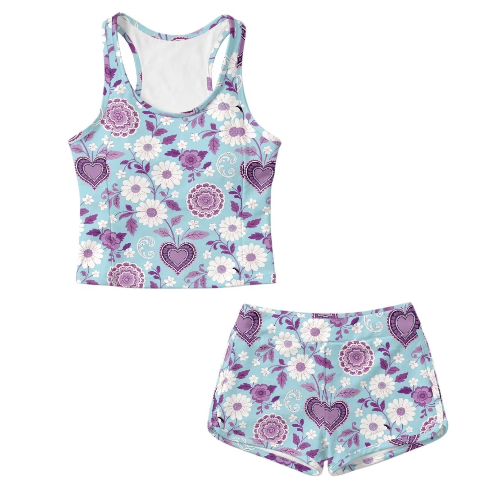 Xoenoiee Blue Daisy Heart Leaves Print Tankini Swimsuits for Girls ...