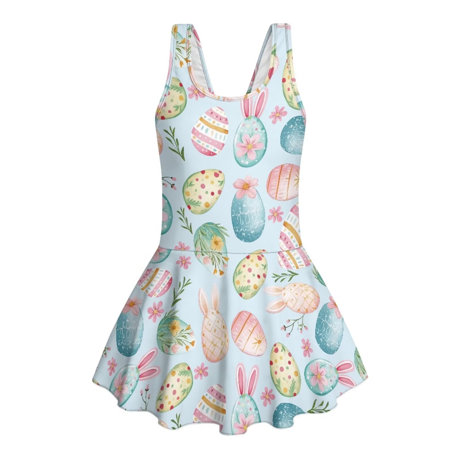 Xoenoiee Blue Easter Egg Flower Print Girls Swim Dress Sleeveless ...