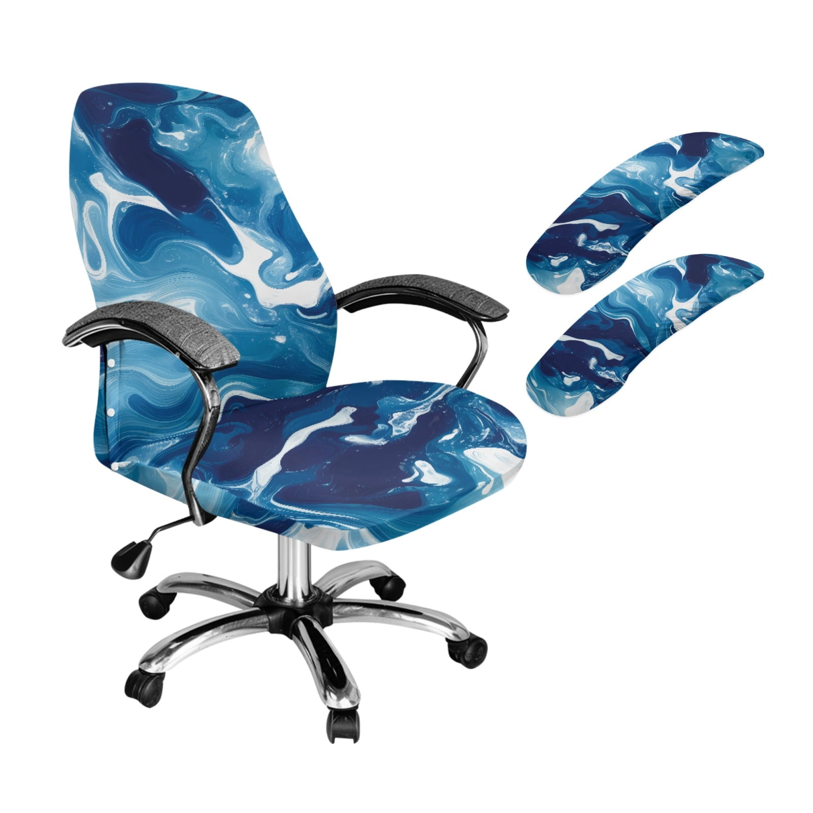 Xoenoiee Blue Marble Print 3 Pieces Office Chair Cover with Armrest ...