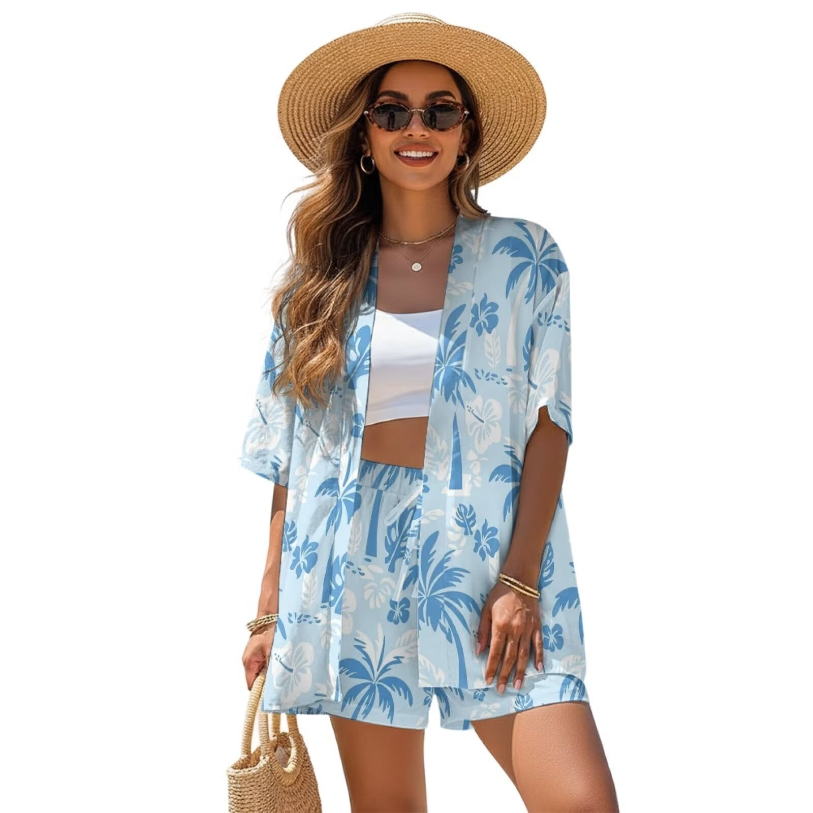 Xoenoiee Blue Palm Tree Hibiscus Flower Print Women Beach 2 Piece ...