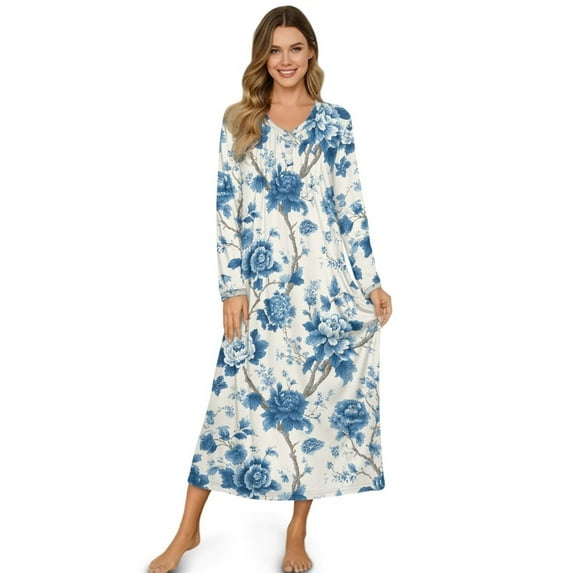 Xoenoiee Blue Peony Flower Print Nightgown for Women House Dresses for ...