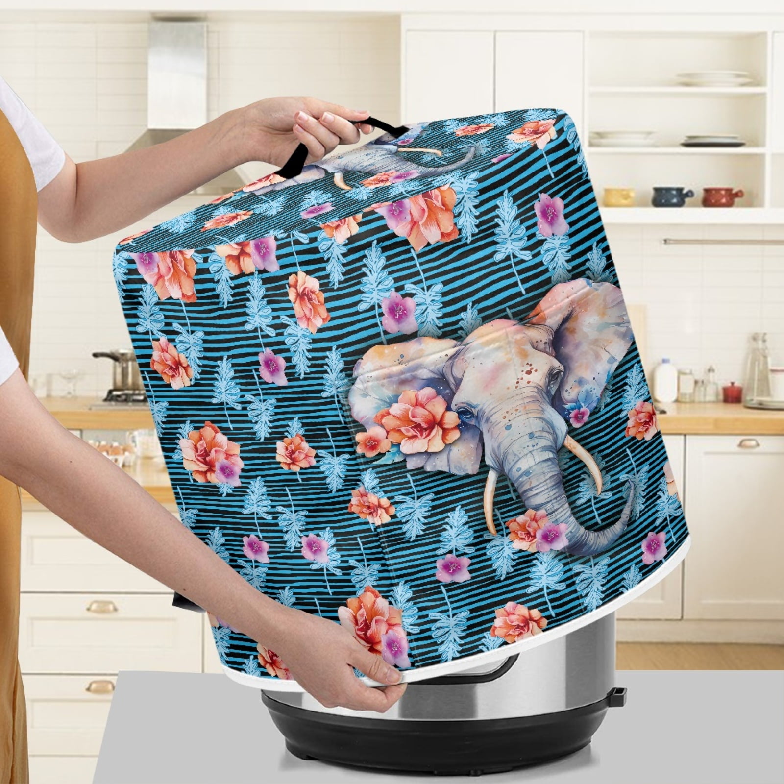Xoenoiee Blue Stripe Floral Elephant Print Kitchen Appliance Dust Cover ...