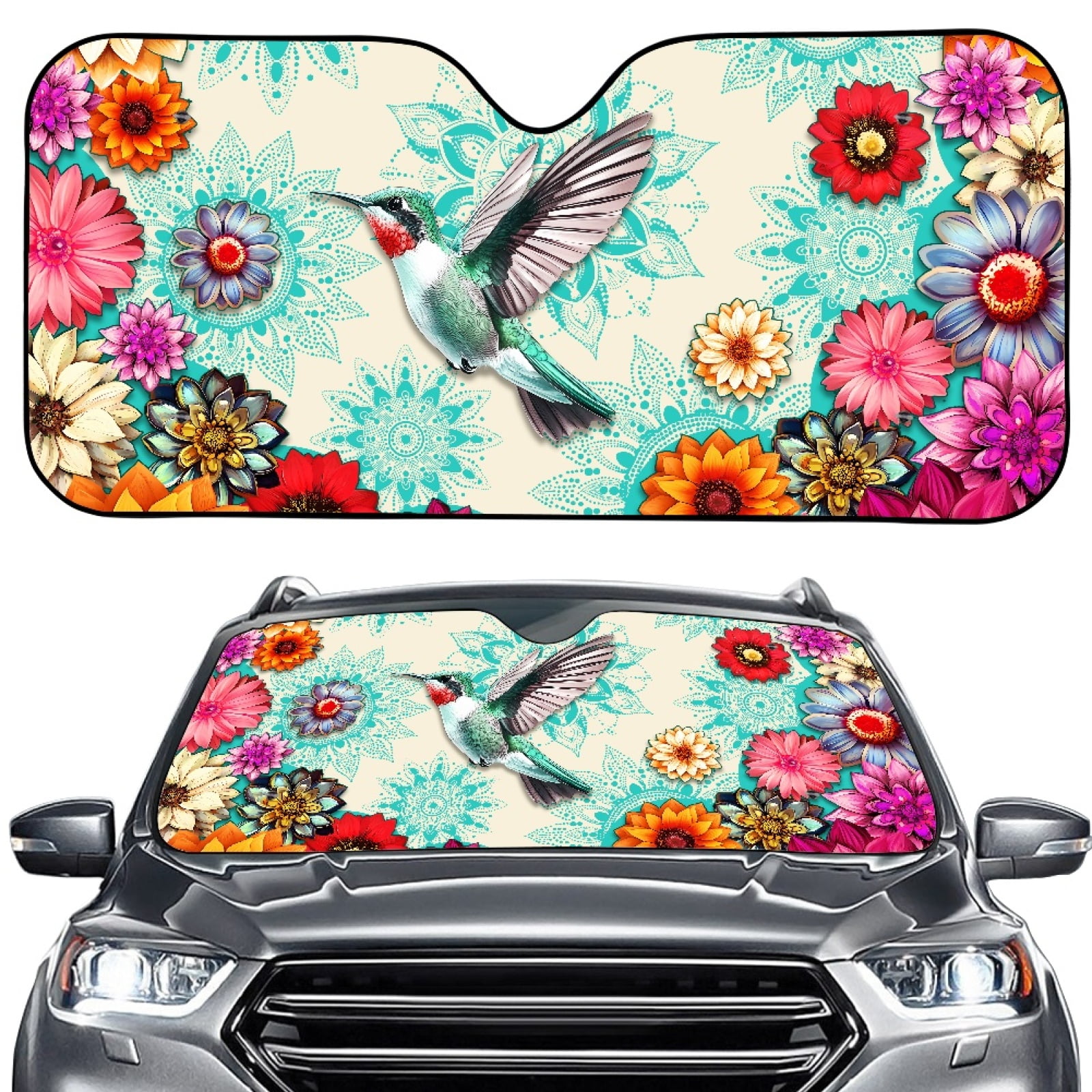 Xoenoiee Boho Mandala Hummingbird Print Car Windshield Sun Shade with ...