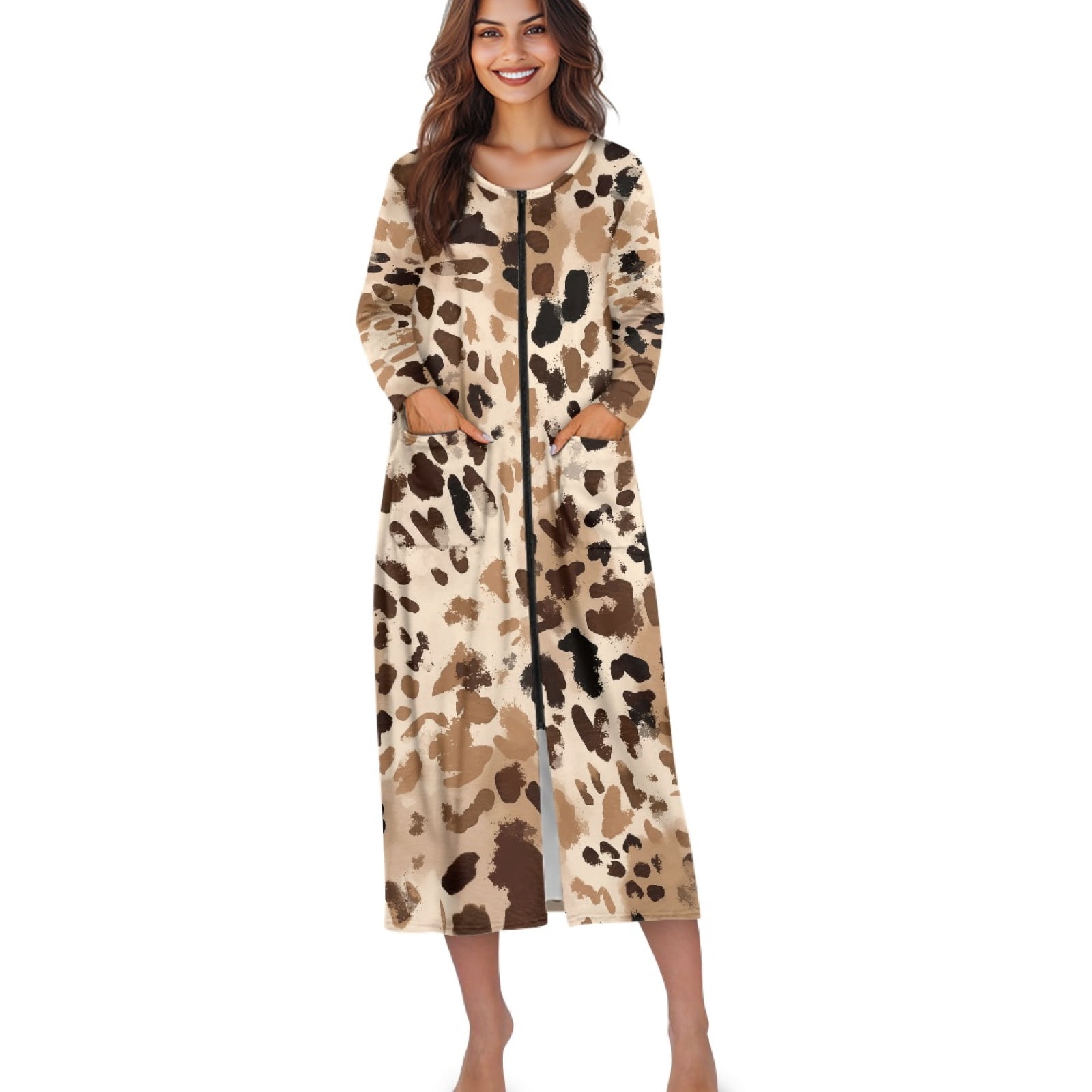 Xoenoiee Brown Cow Leopard Print Zipper Robes for Women Long Sleeve ...
