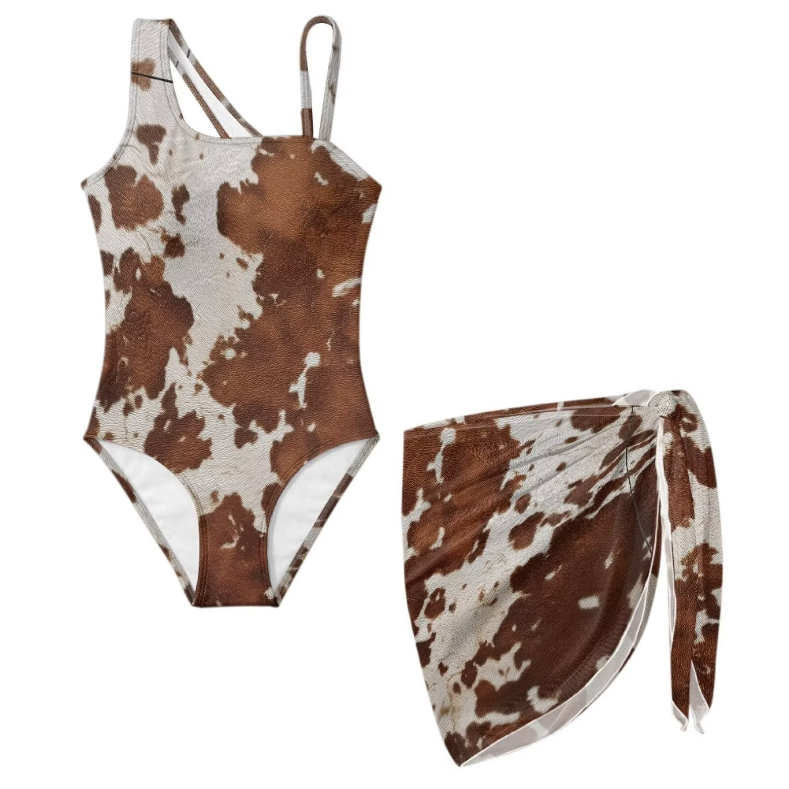 Xoenoiee Brown Cow Print Girls One Piece Swimsuit with Cover Up Skirt ...