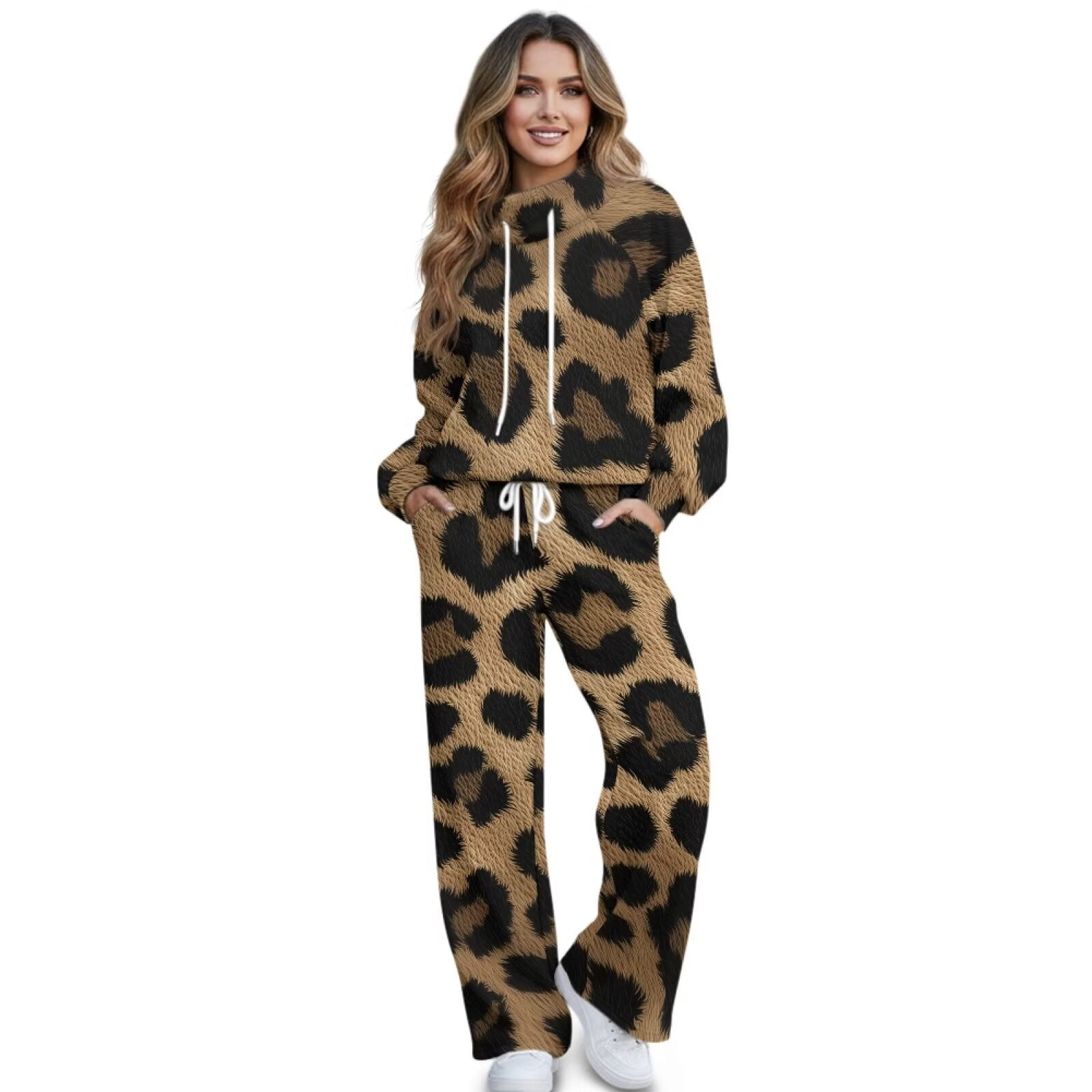 Xoenoiee Brown Leopard Fur Print Womens Jogging Suits 2 Piece Set ...