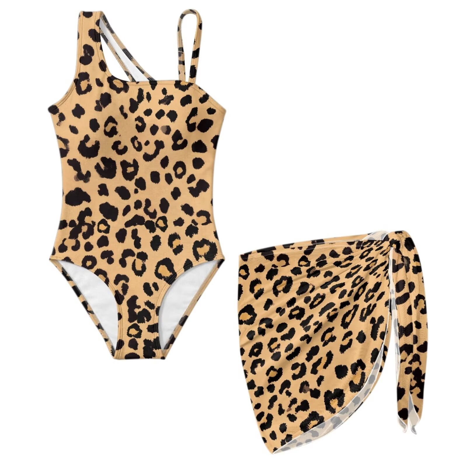 Xoenoiee Brown Leopard Pattern Girls One Piece Swimsuit with Cover Up ...
