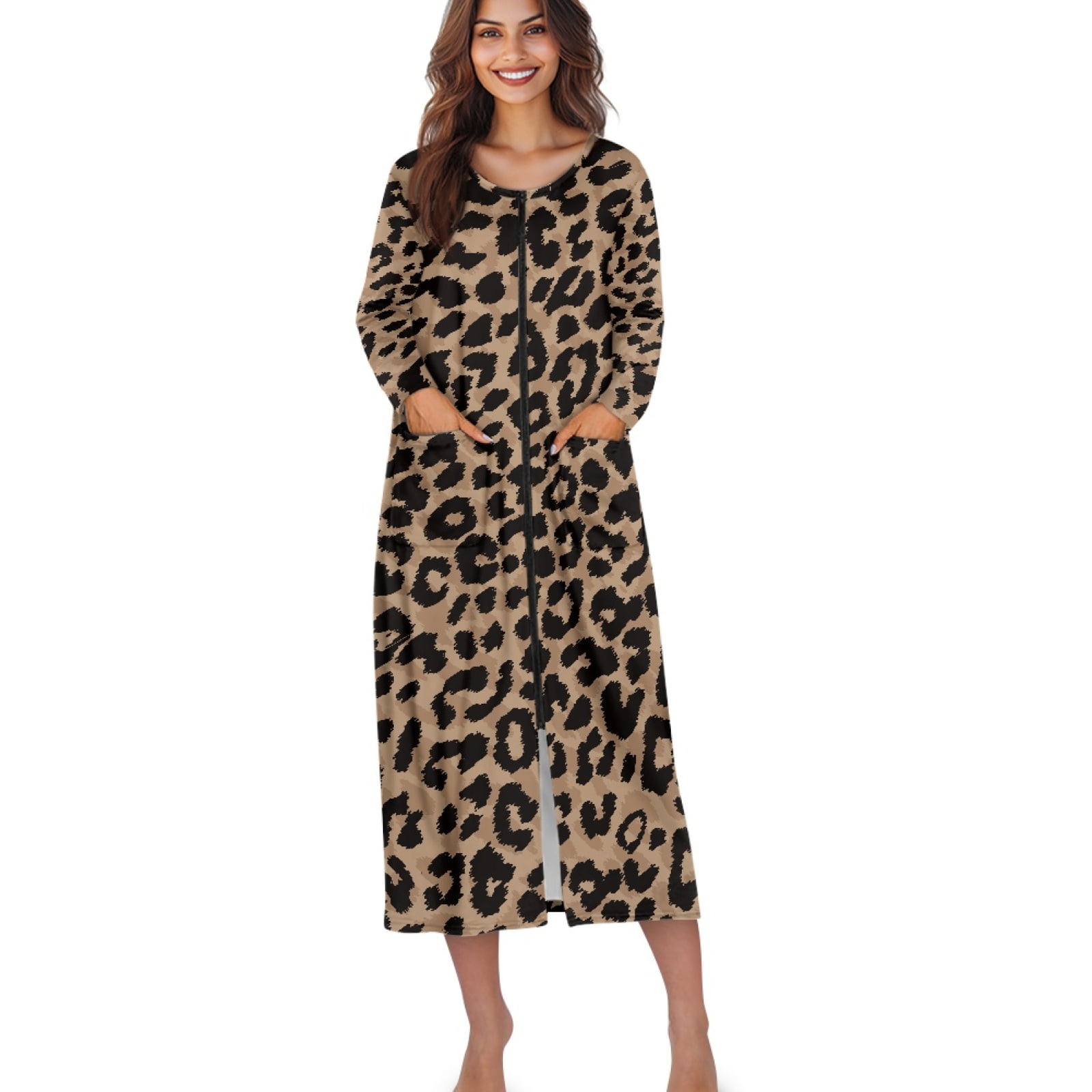 Xoenoiee Brown Leopard Print Women Zipper Robe Long Sleeve House Coats ...