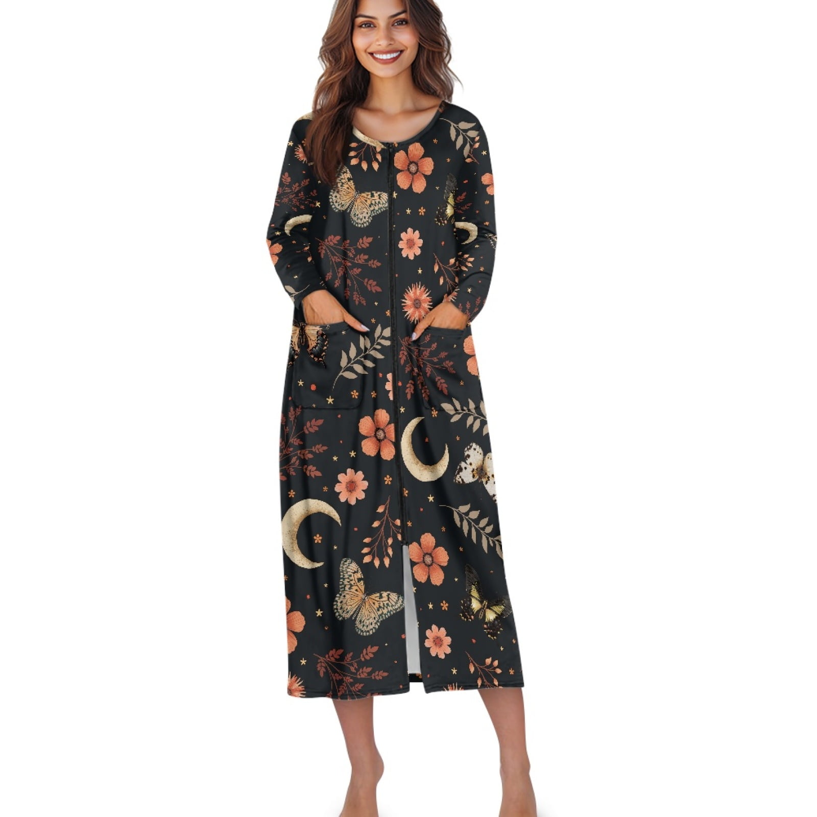 Xoenoiee Butterfly Moon Flower Print Womens Housecoat Zip Robe Zip Up ...