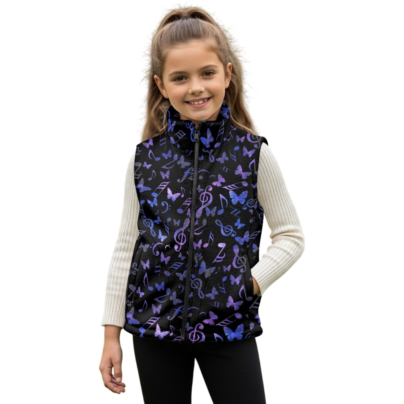 Xoenoiee Butterfly Music Note Print Girls Fleece Jacket Lightweight ...