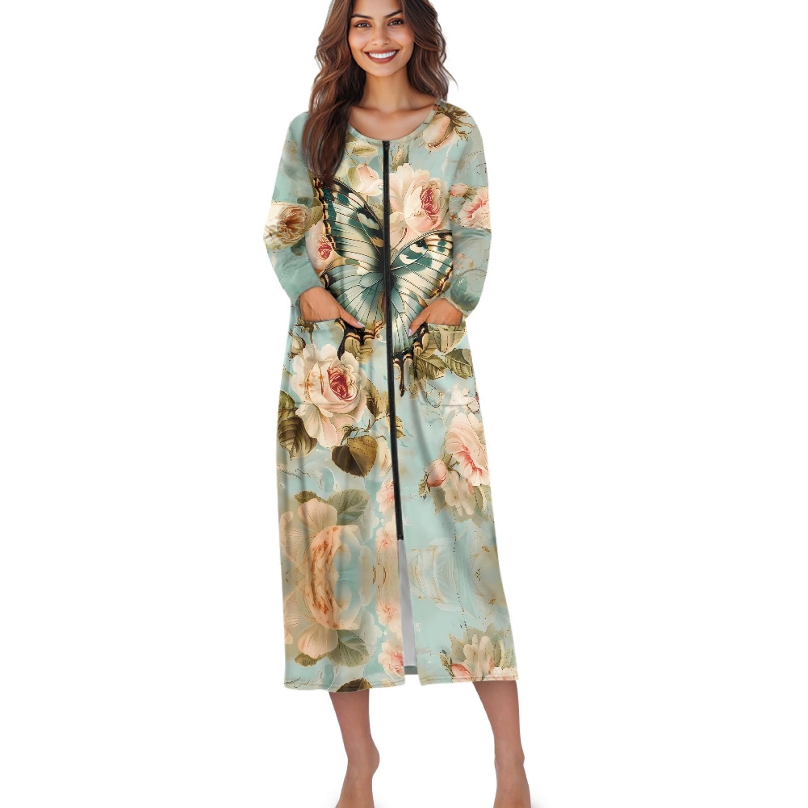 Xoenoiee Butterfly Rose Flower Print Zipper Front Robes for Women ...