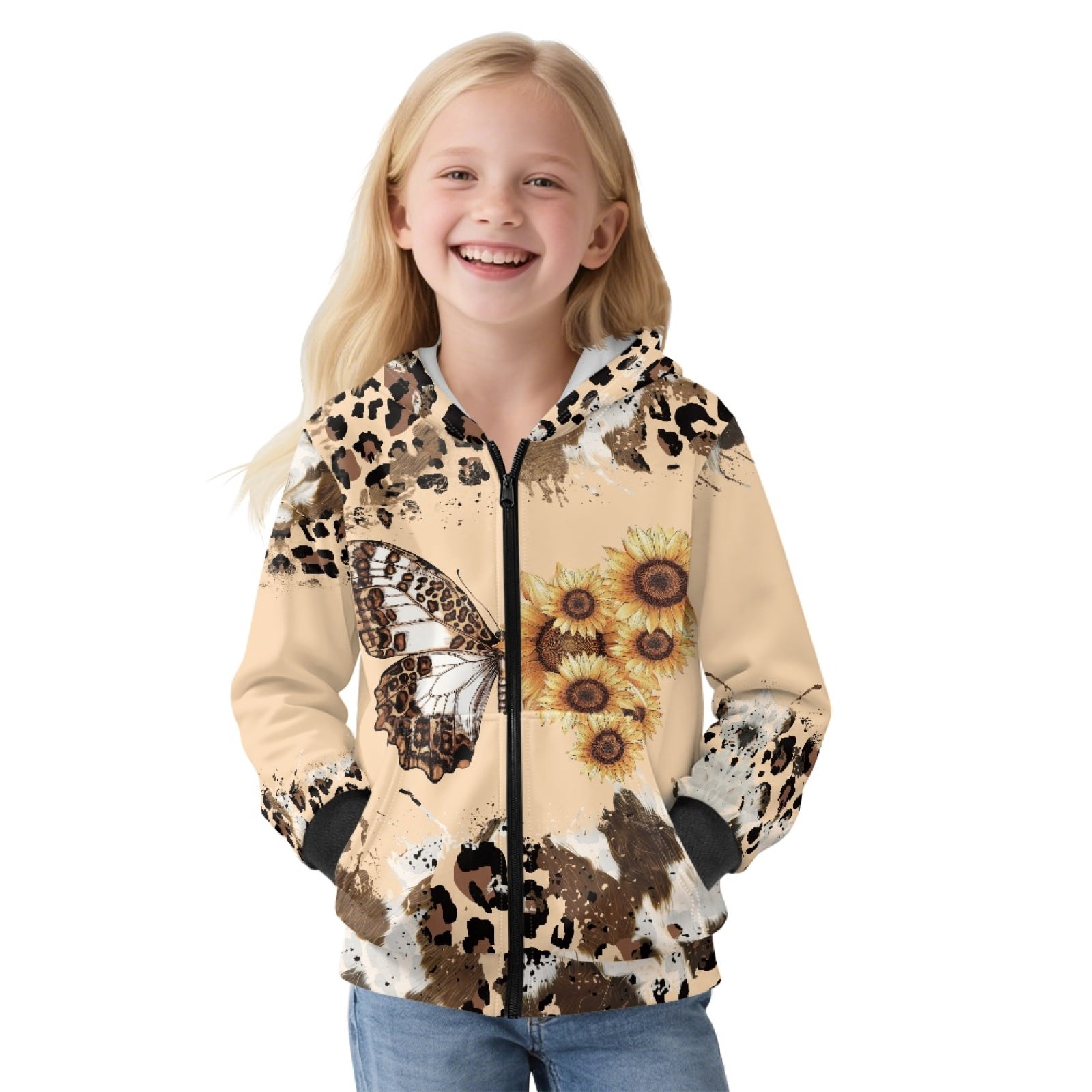 Xoenoiee Butterfly Sunflower Leopard Cow Print Zip Up Hoodies for Kids ...