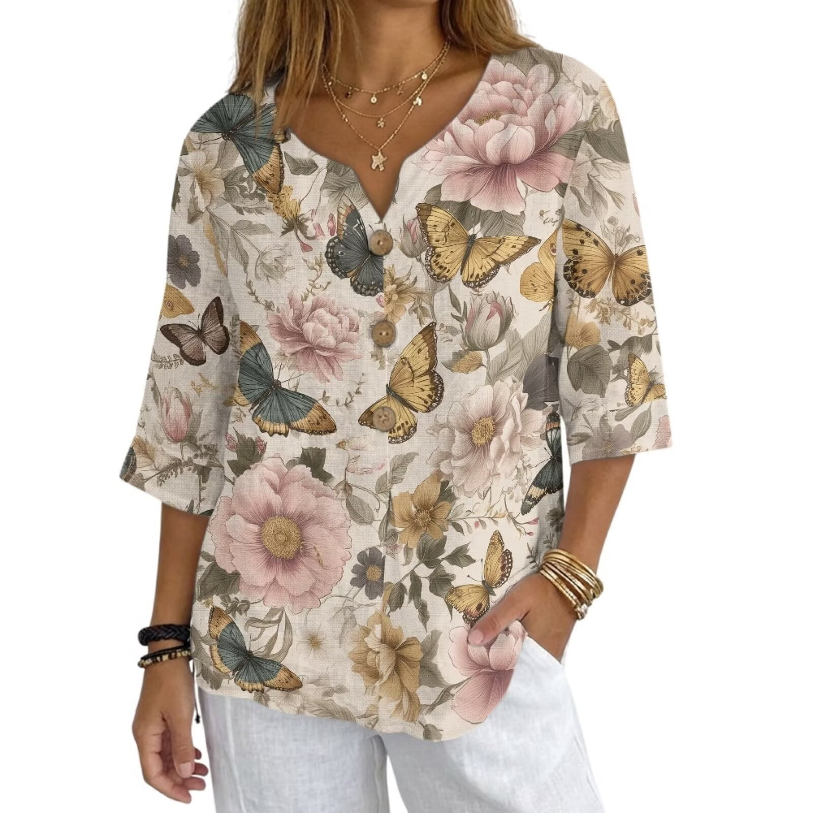 Xoenoiee Butterfly Vintage Peony Print Linen Shirt for Women Spring ...
