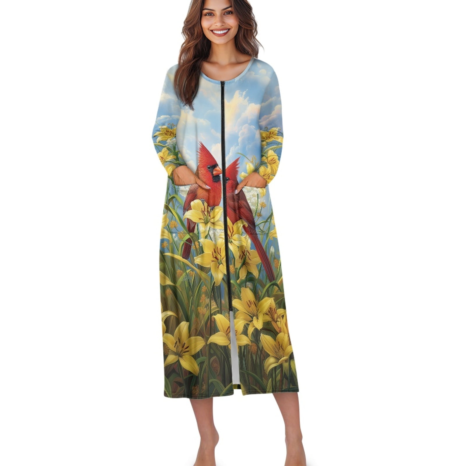 Xoenoiee Cardinal Lily Flower Print Women Zipper Robe Long Sleeve House ...