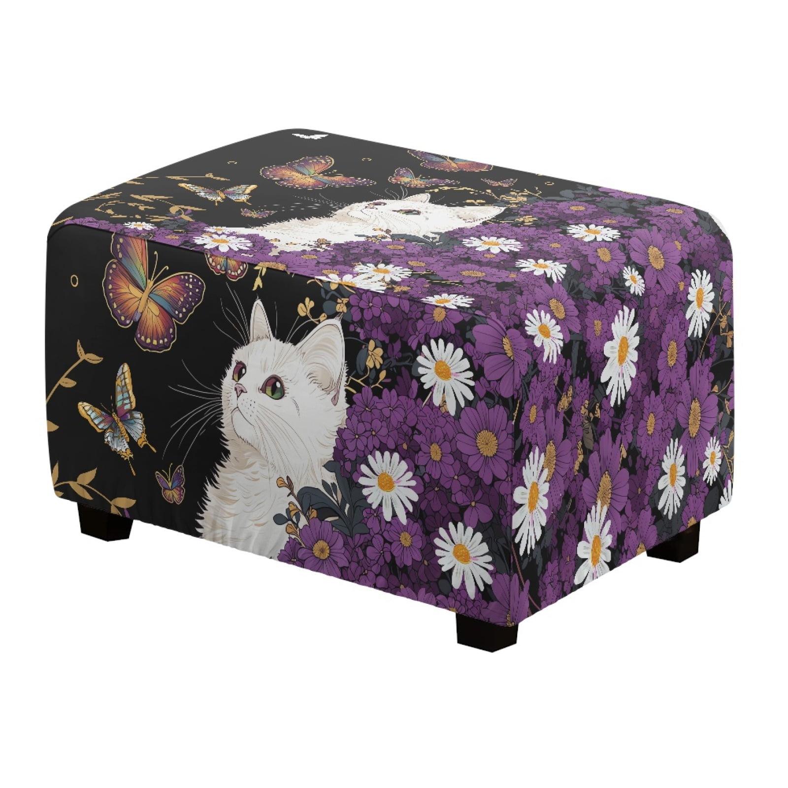 Xoenoiee Cat Daisy Butterfly Print Stretch Ottoman Cover Slipcovers ...