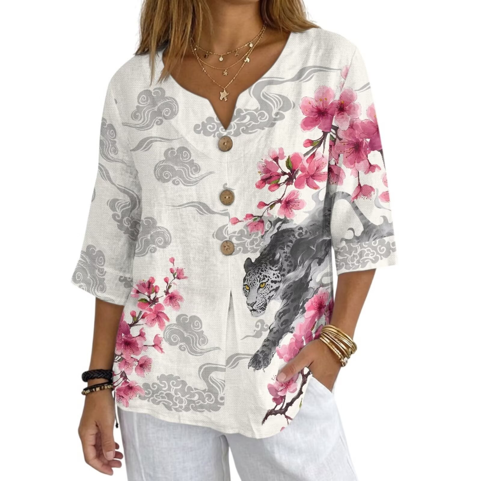 Xoenoiee Cheetah Leopard Cherry Blossom Print Linen Shirt for Women ...