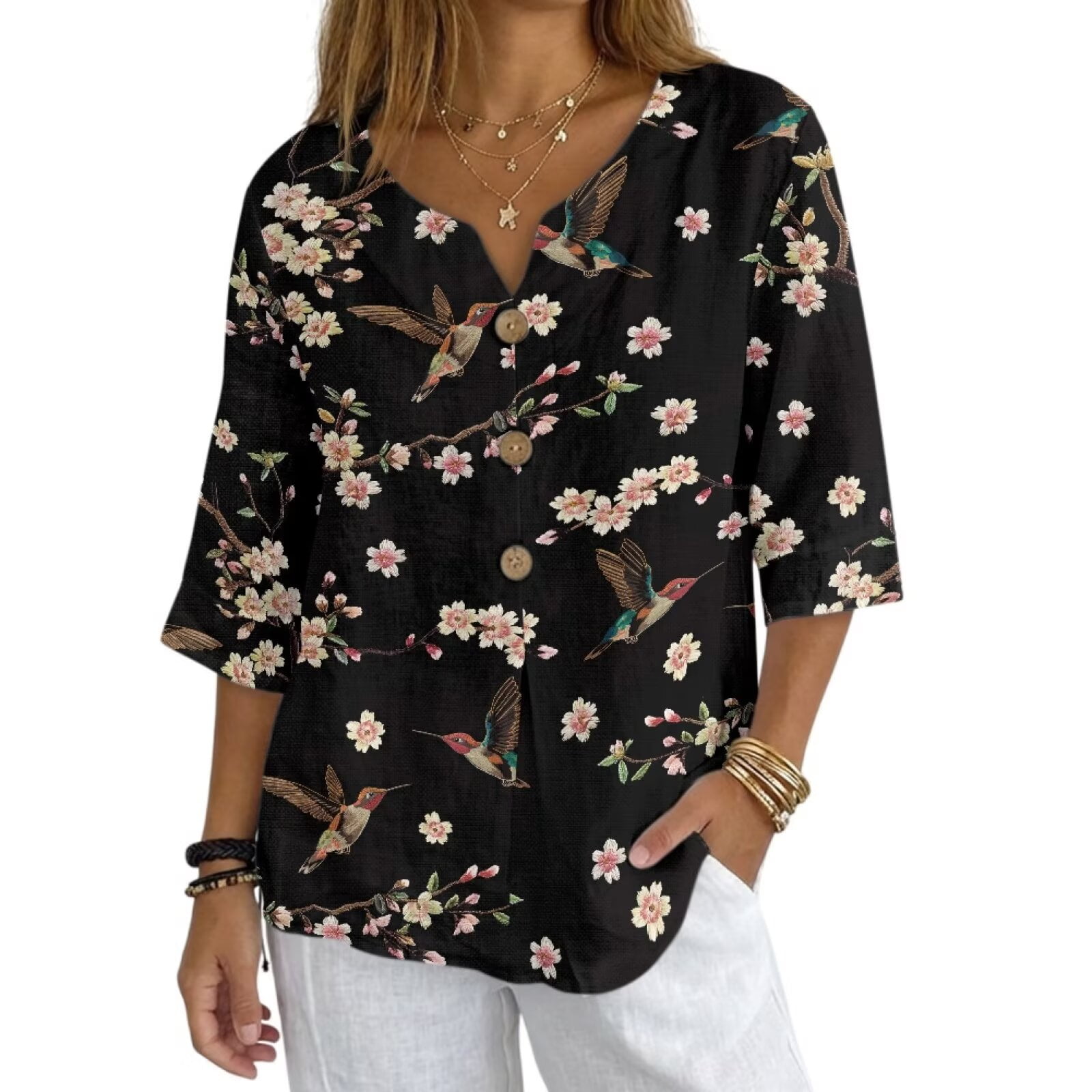 Xoenoiee Cherry Blossom and Hummingbird Print Women Linen Shirt Button ...